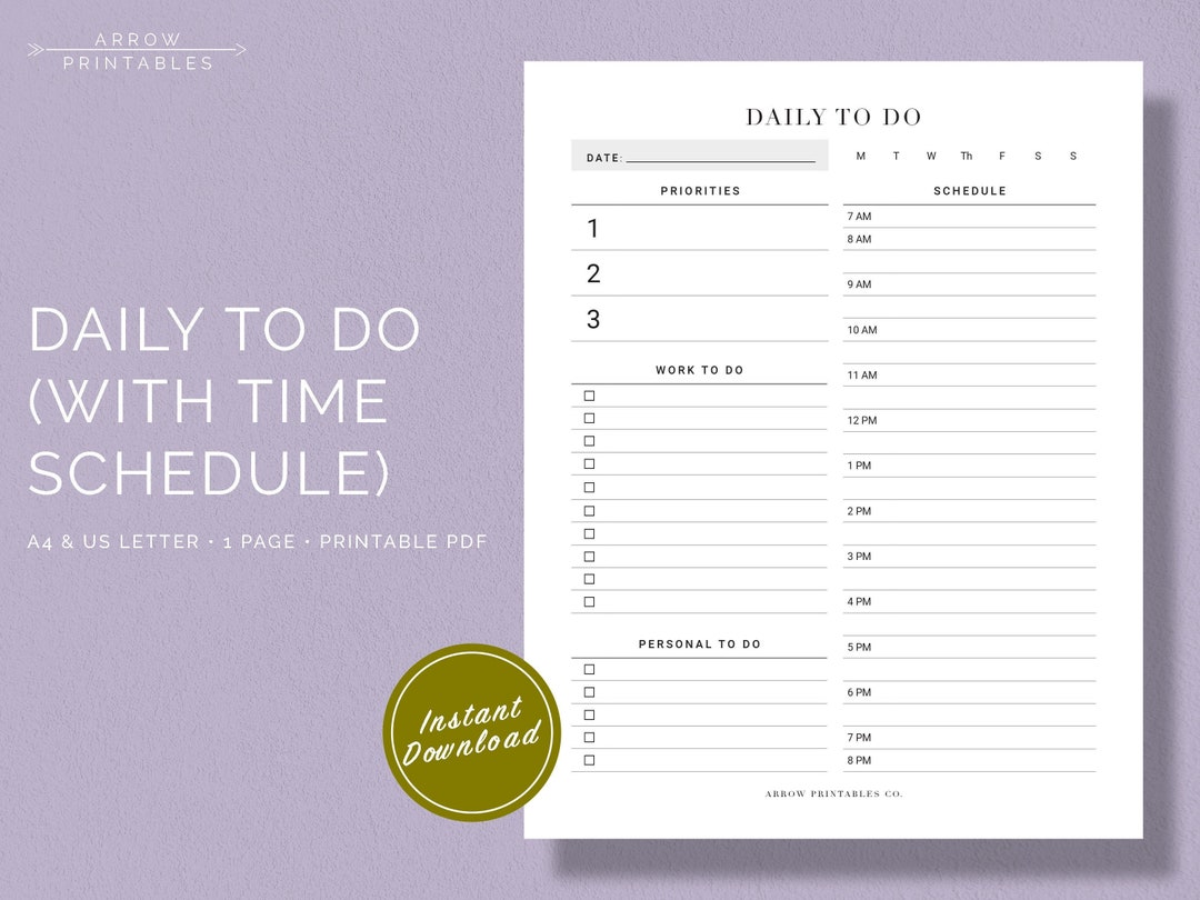 WORK: Daily to Do (with Time Schedule) | Printable | Minimal ...