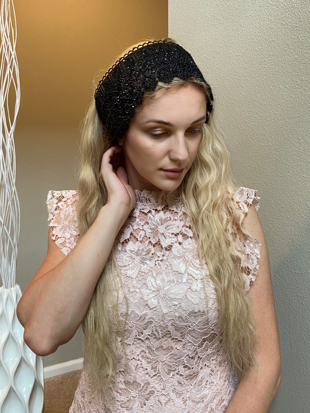 READY-TO-SHIP Black Lace Headband With Rhinestones Church Head Covering ...