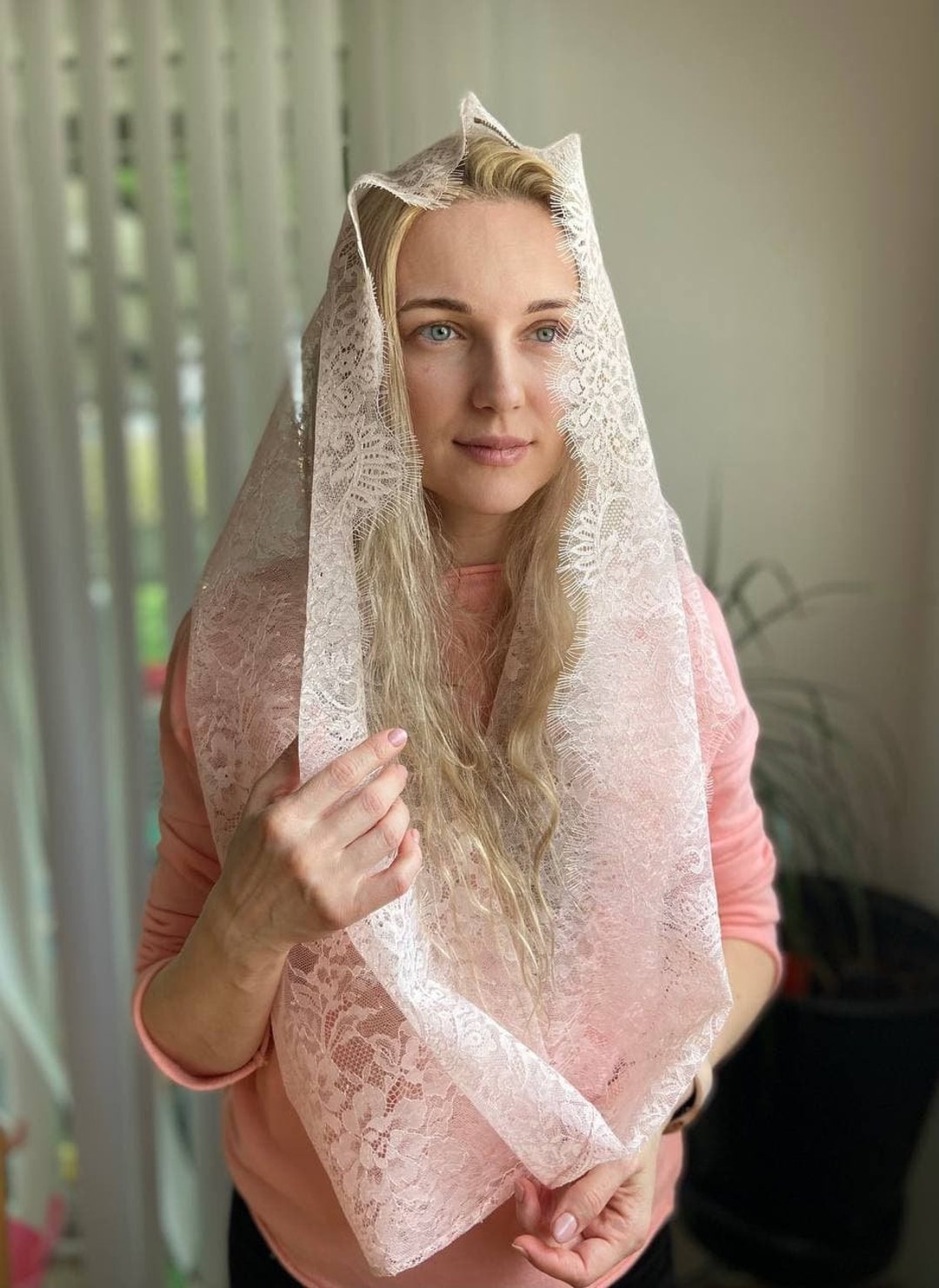 Blush Pink\light Blue Chantilly Infinity Church Mantilla Head Covering ...