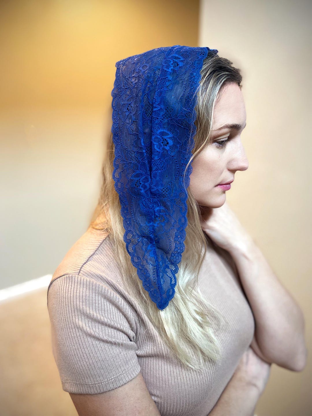 READY-TO-SHIP Blue Christian Lace Head Covering | Tie-back Stretch ...