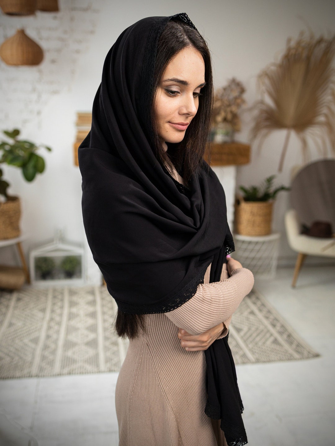 READY-TO-SHIP. Black Large Soft Cotton Head Covering Scarf With Linen ...