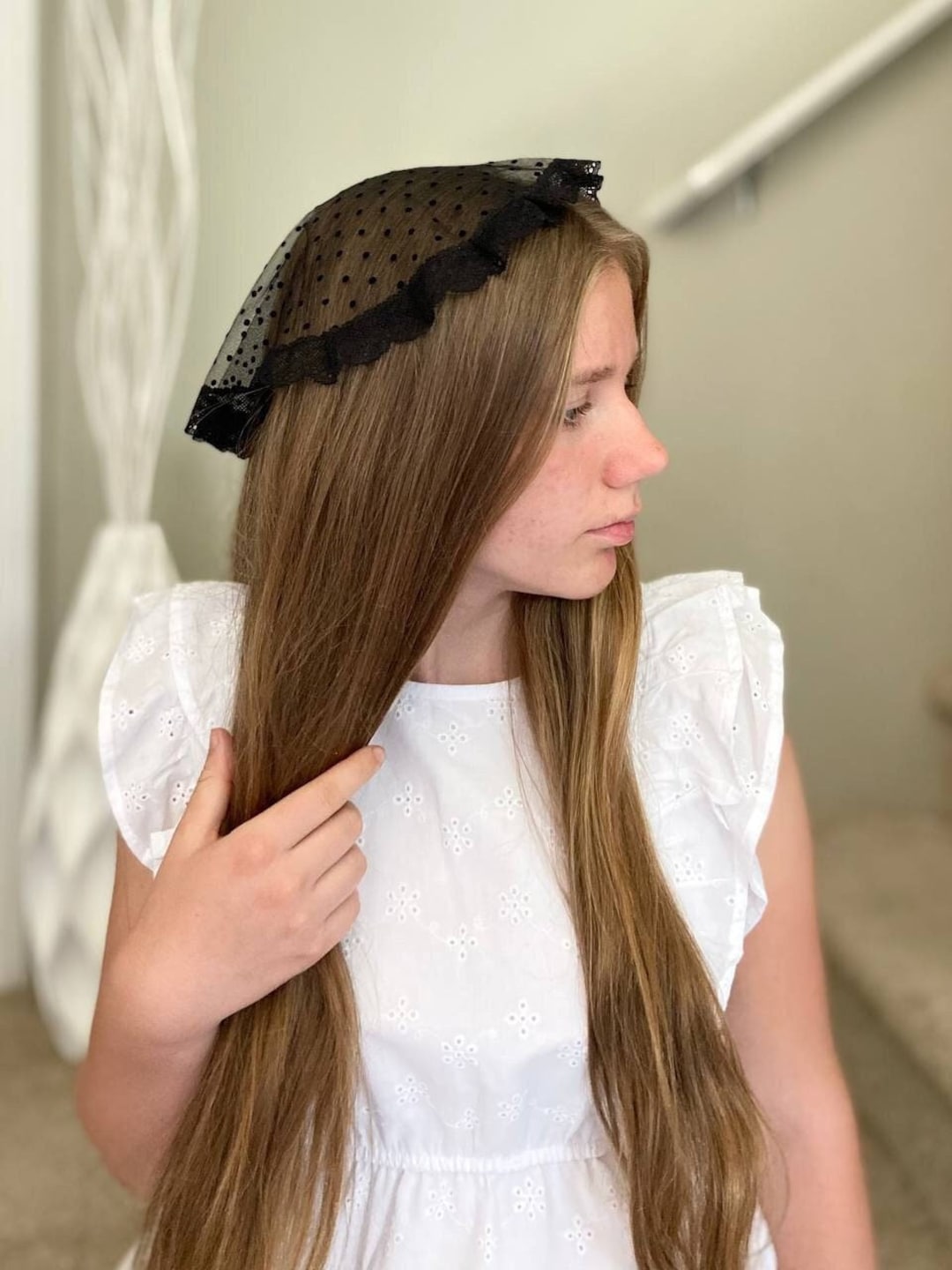 Ready-to-ship. Round Catholic Veil Velvet Dots and Lace Church or ...