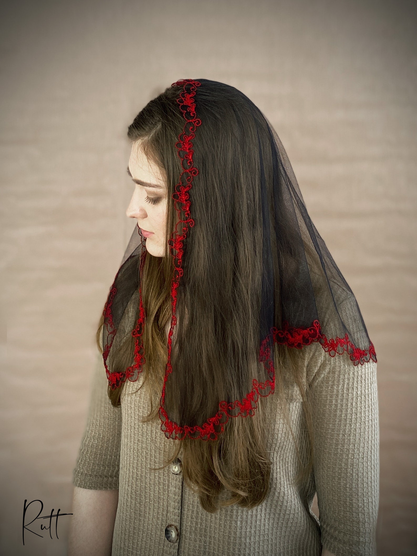Black Mantilla With Red Floral Embroidary Church Head Covering - Etsy