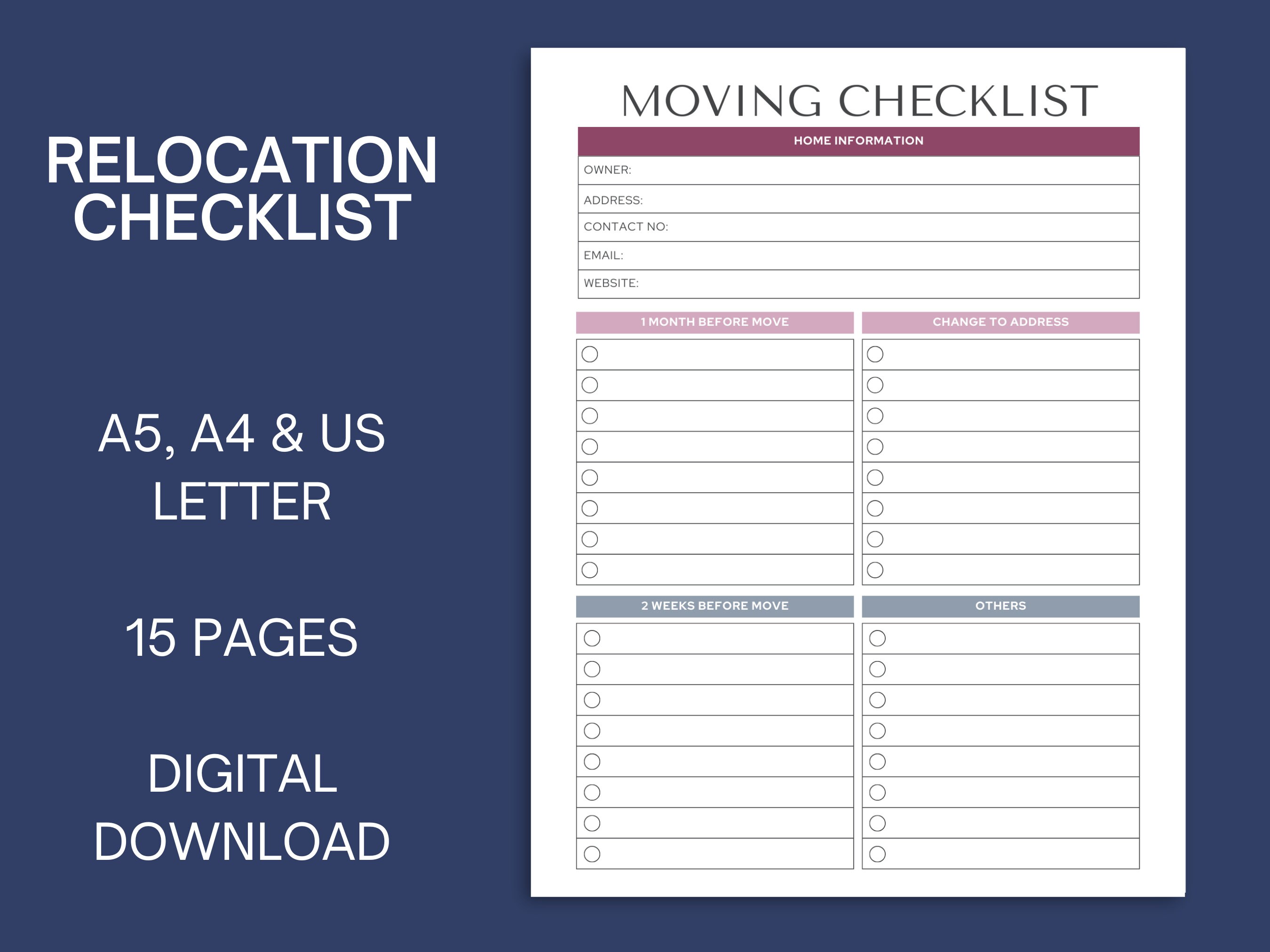 Moving Checklist, Moving Planner, Moving to Do List, Moving Printable ...