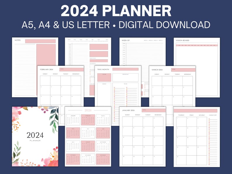 2024 Printable Planner, Dated Month on 2 Pages, Weekly Planner, A5/A4 ...