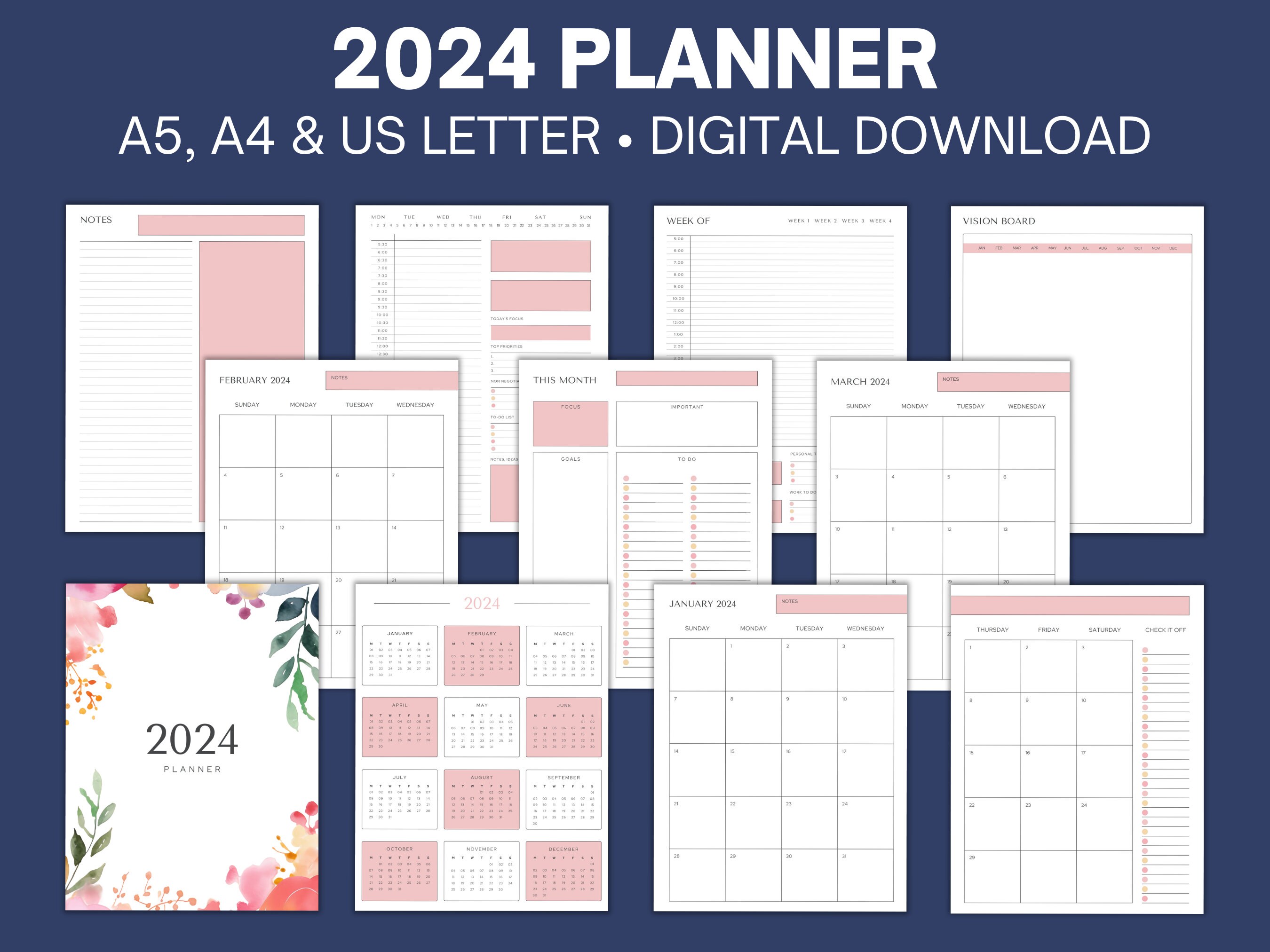 2024 Printable Planner, Dated Month on 2 Pages, Weekly Planner, A5/A4 ...