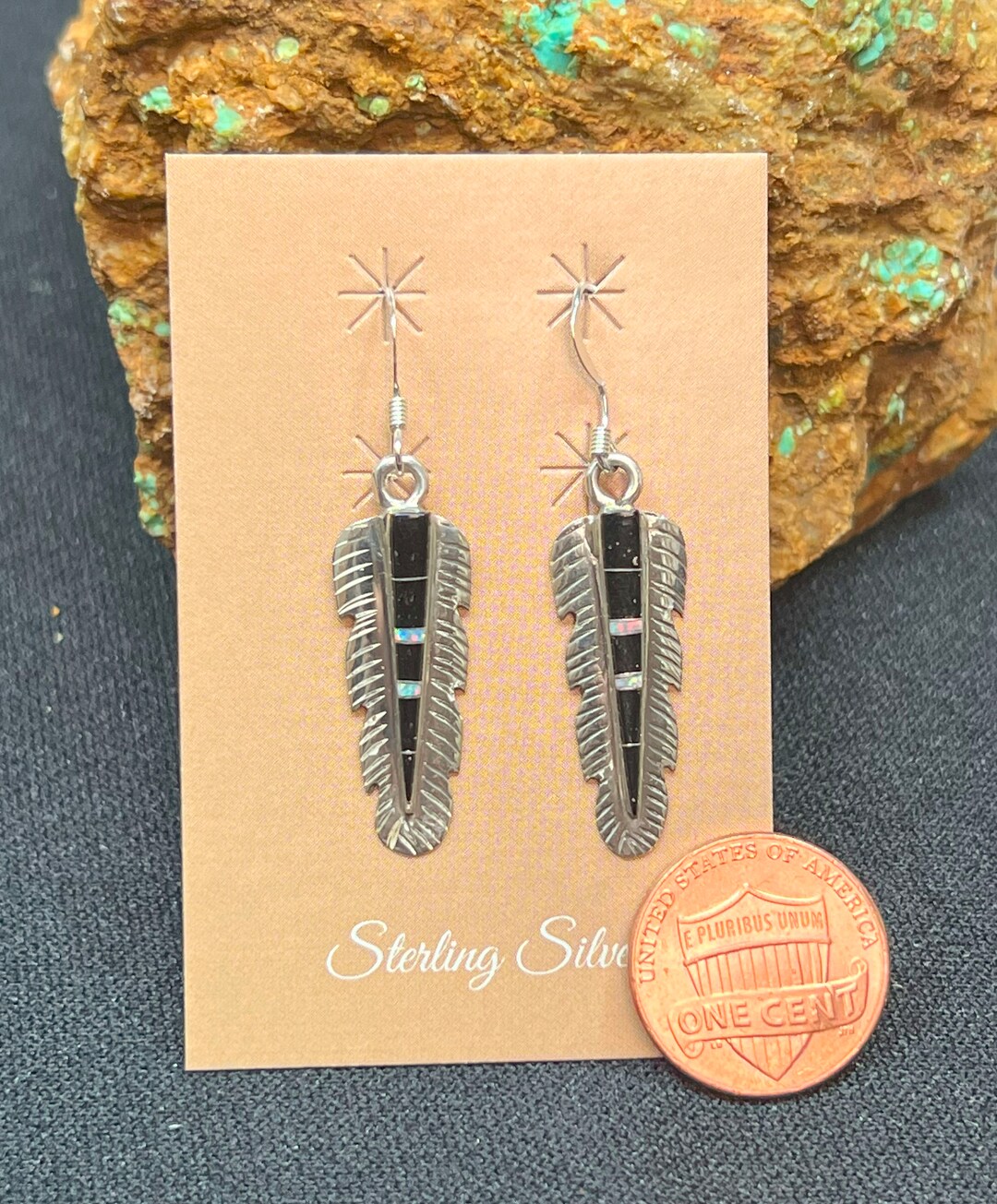 Onyx & Opal Feather Earrings Sterling Silver Handmade - Etsy