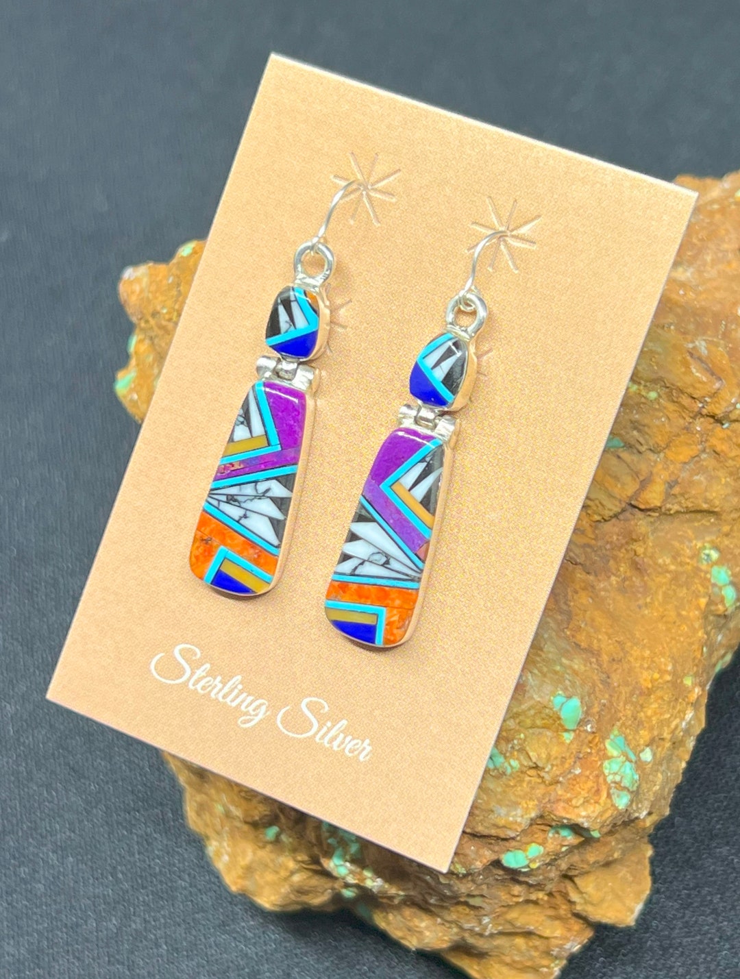 Micro Inlay Sterling Silver Coral & Turquoise, White Opal Earrings I ...