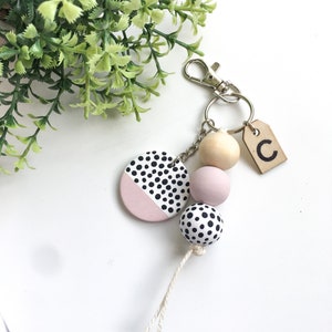 Dalmatian Print Handmade Wooden Beaded Keyring Set With Personalised Initial, Wooden Disc ...