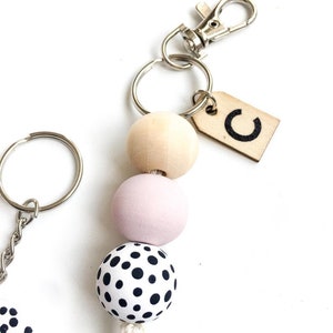 Dalmatian Print Handmade Wooden Beaded Keyring Set With Personalised Initial, Wooden Disc ...