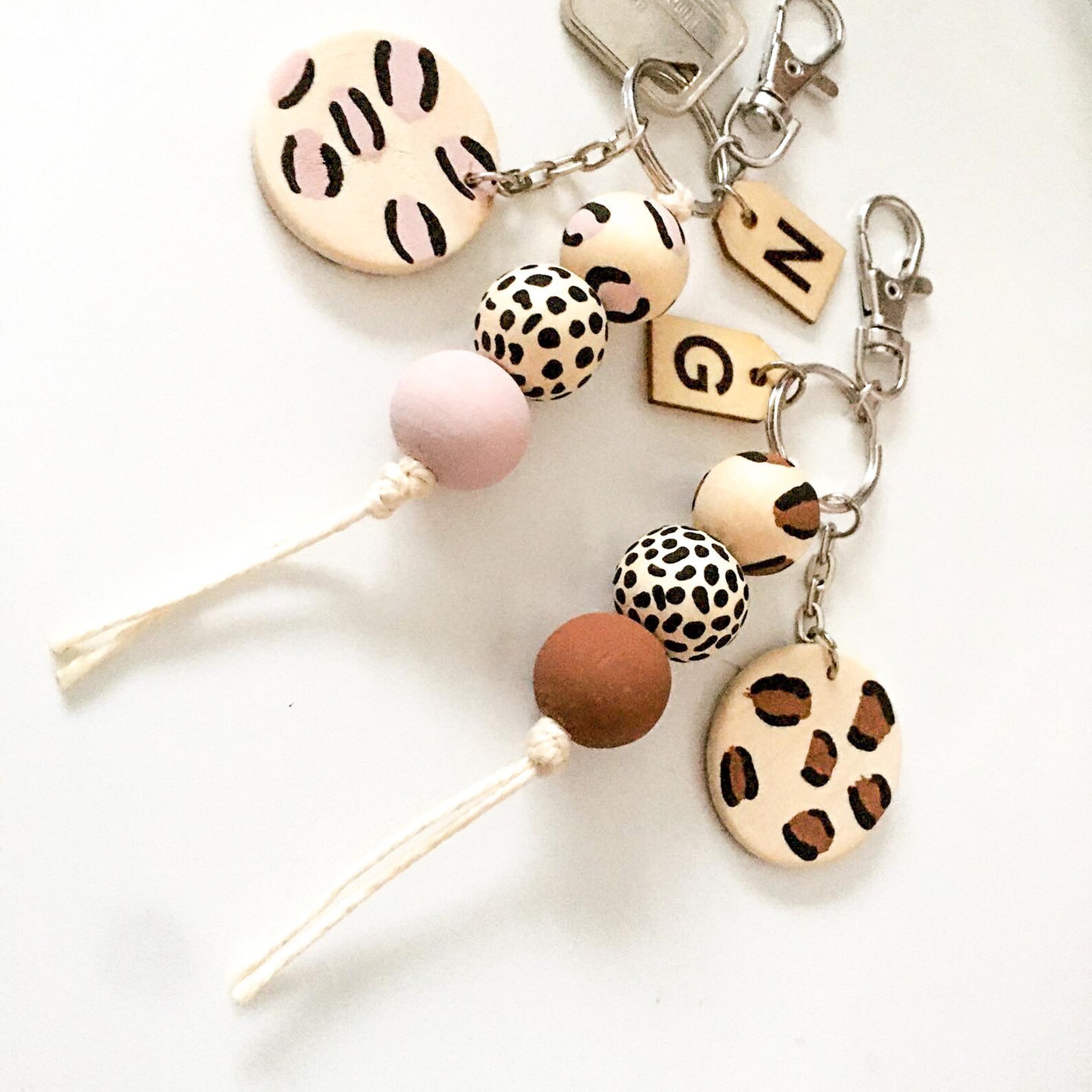 Handmade Leopard Print Keyring, Wooden Beaded Keychain, Personalised ...