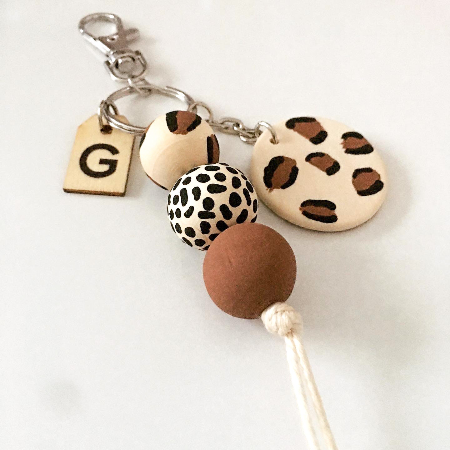 Handmade Leopard Print Keyring, Wooden Beaded Keychain, Personalised ...