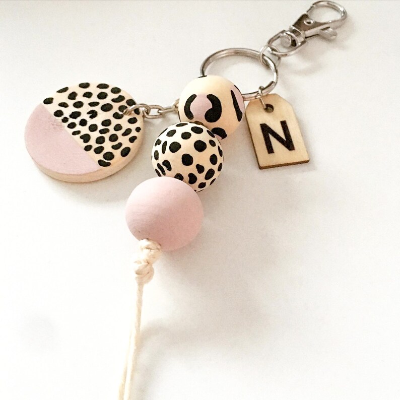 Handmade Leopard Print Keyring, Wooden Beaded Keychain, Personalised ...