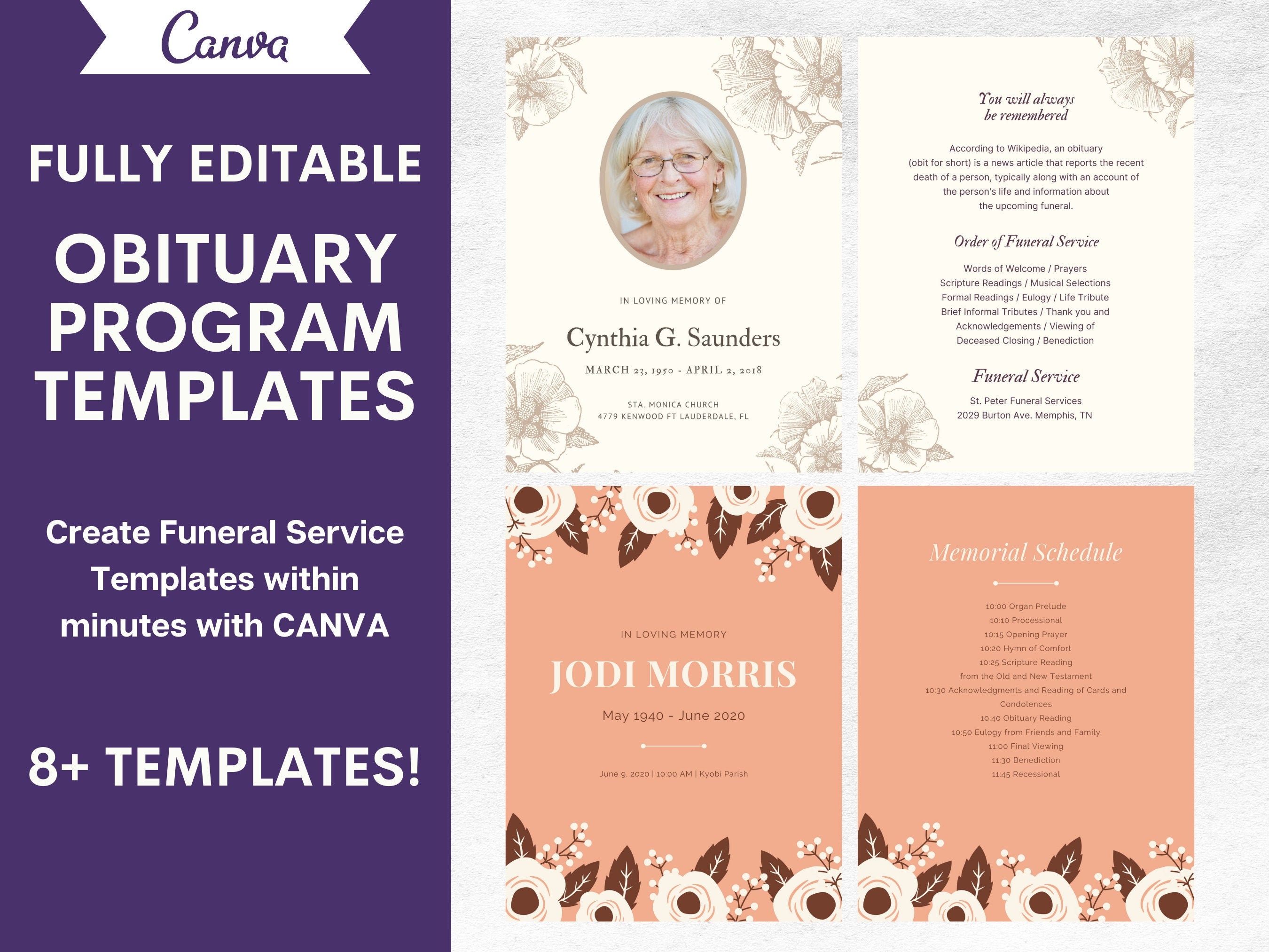 10 Editable Funeral Program Templates Ready for Print Using Canva - Etsy