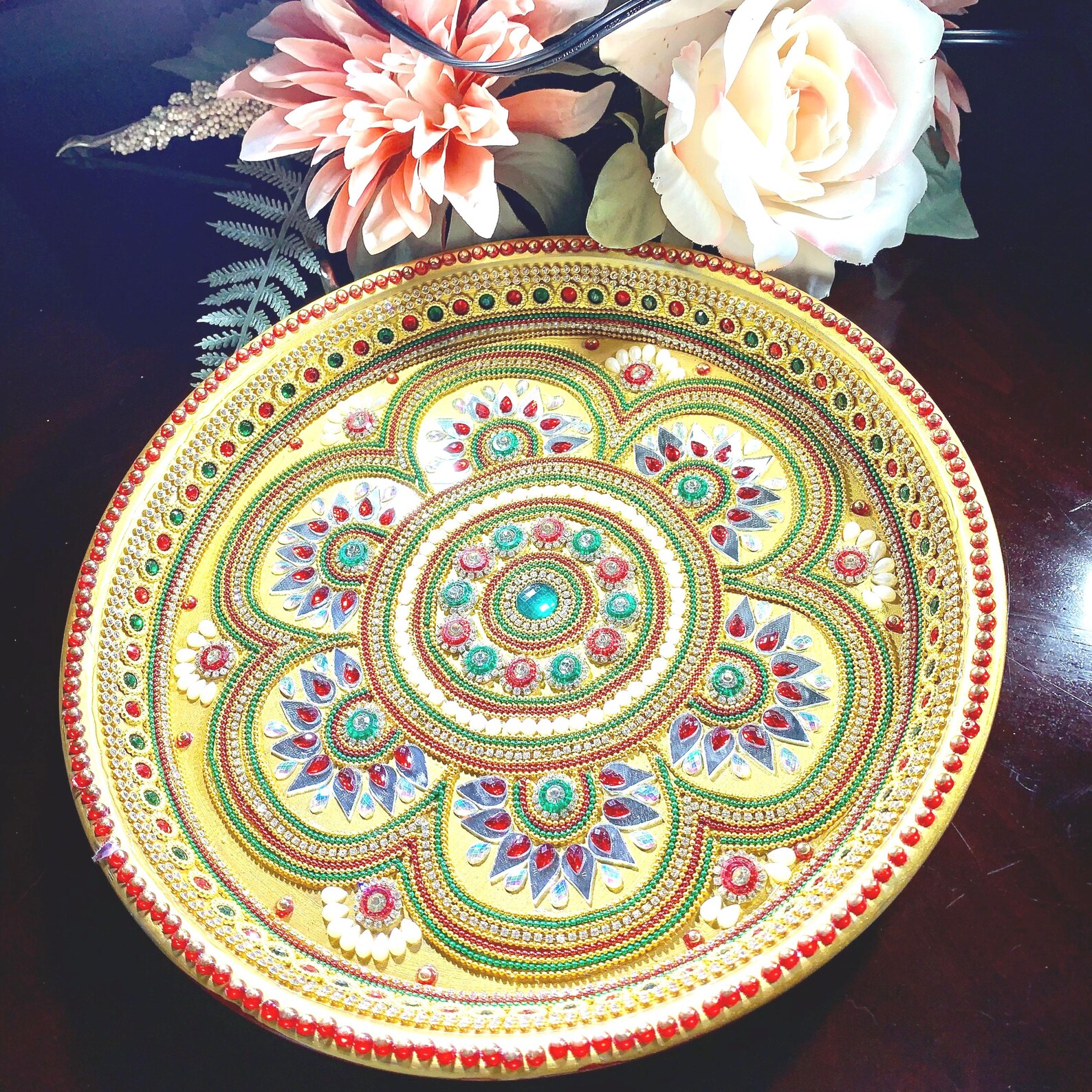 Handcrafted Mehndi Thaal: Beaded & Mirrored Pooja Plate - Etsy
