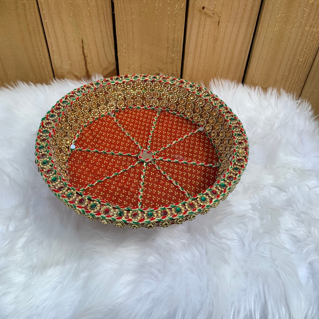 Mehndi Tokri Basket: Red Fabric, Gold Trim & Rhinestones - Etsy