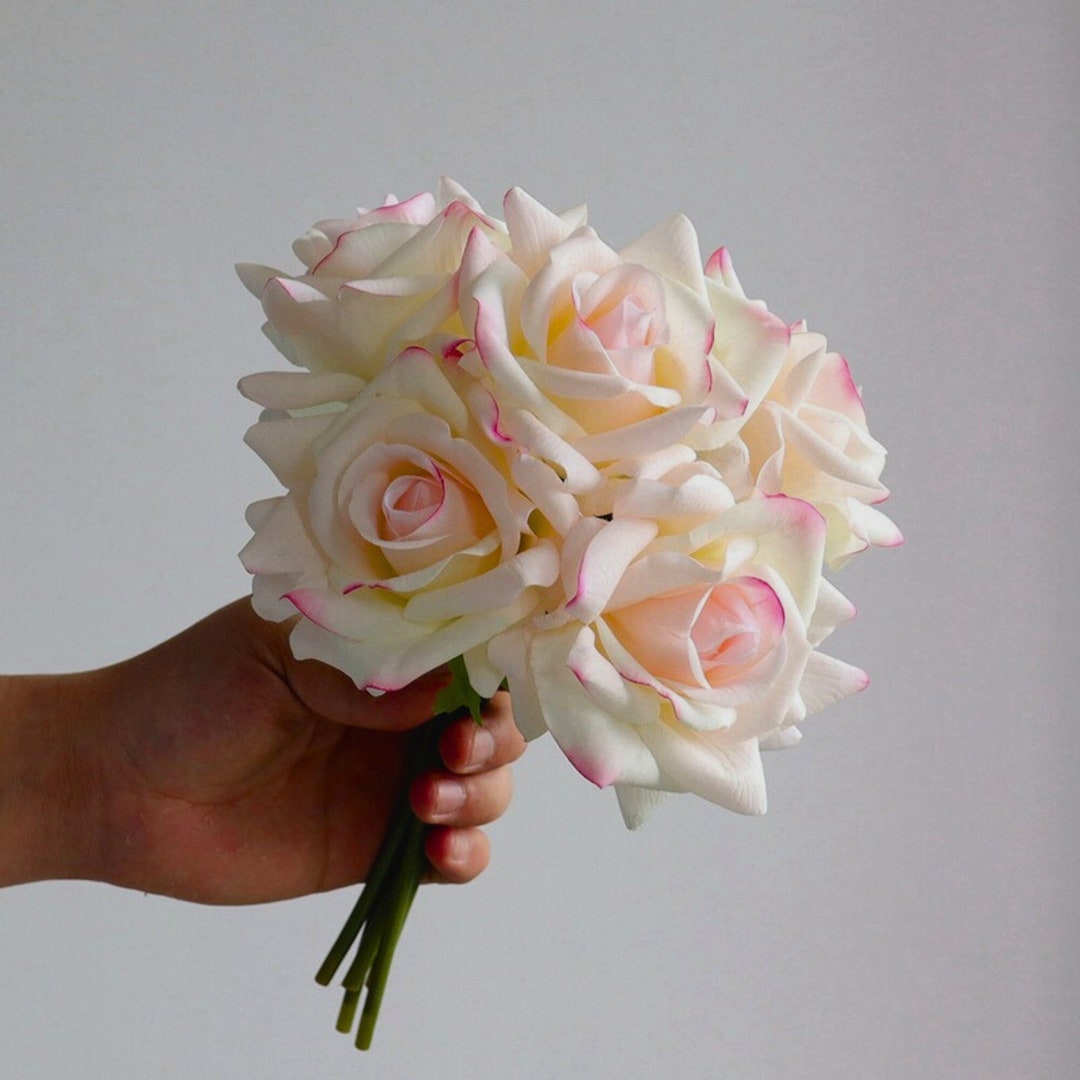 Artificial Rose Flower 5 Stems Real Touch Moisture Cloth Curled Edges ...