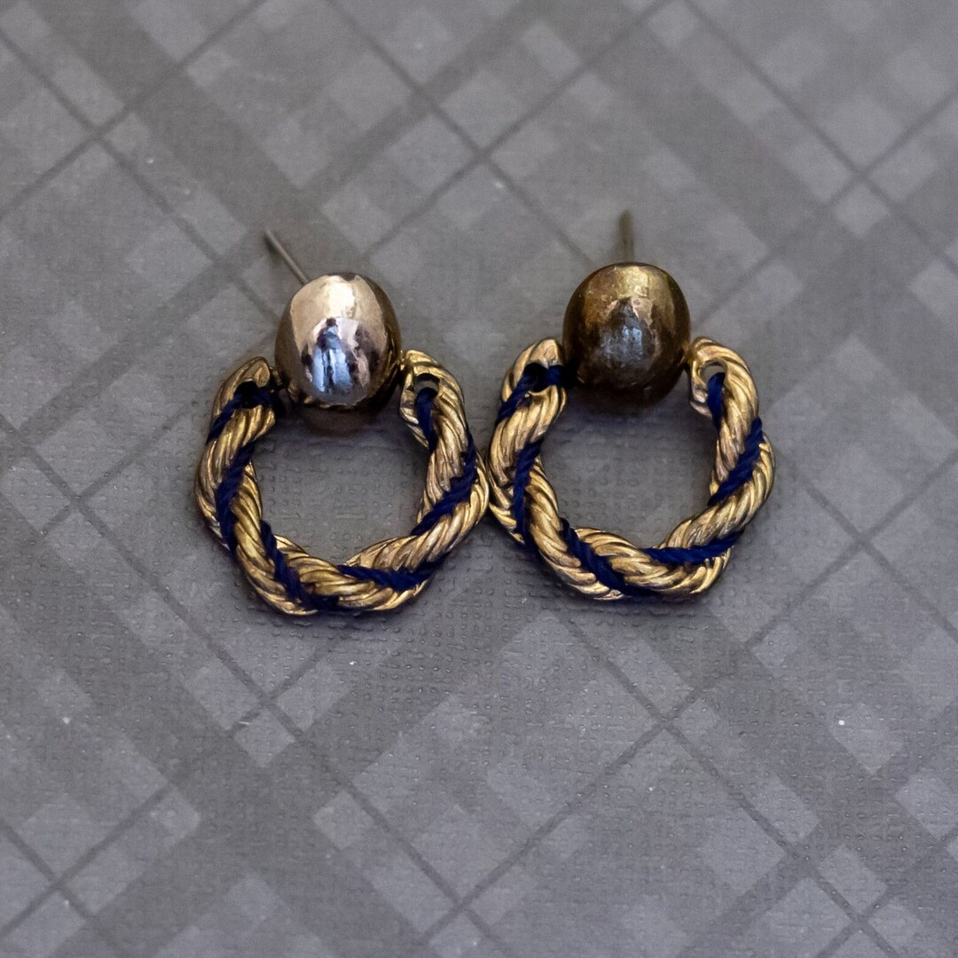 Vintage Tangled Rope Spiral Twist Gold & Blue Tone Dangle Earrings ...