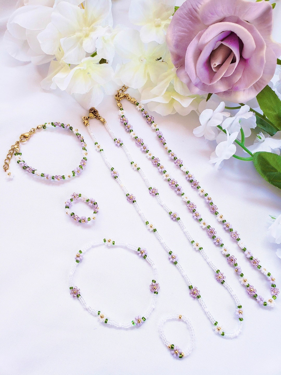 Cute Beaded Rings / Beaded Flower Necklace / Flower Bead Jewelry / Cute ...