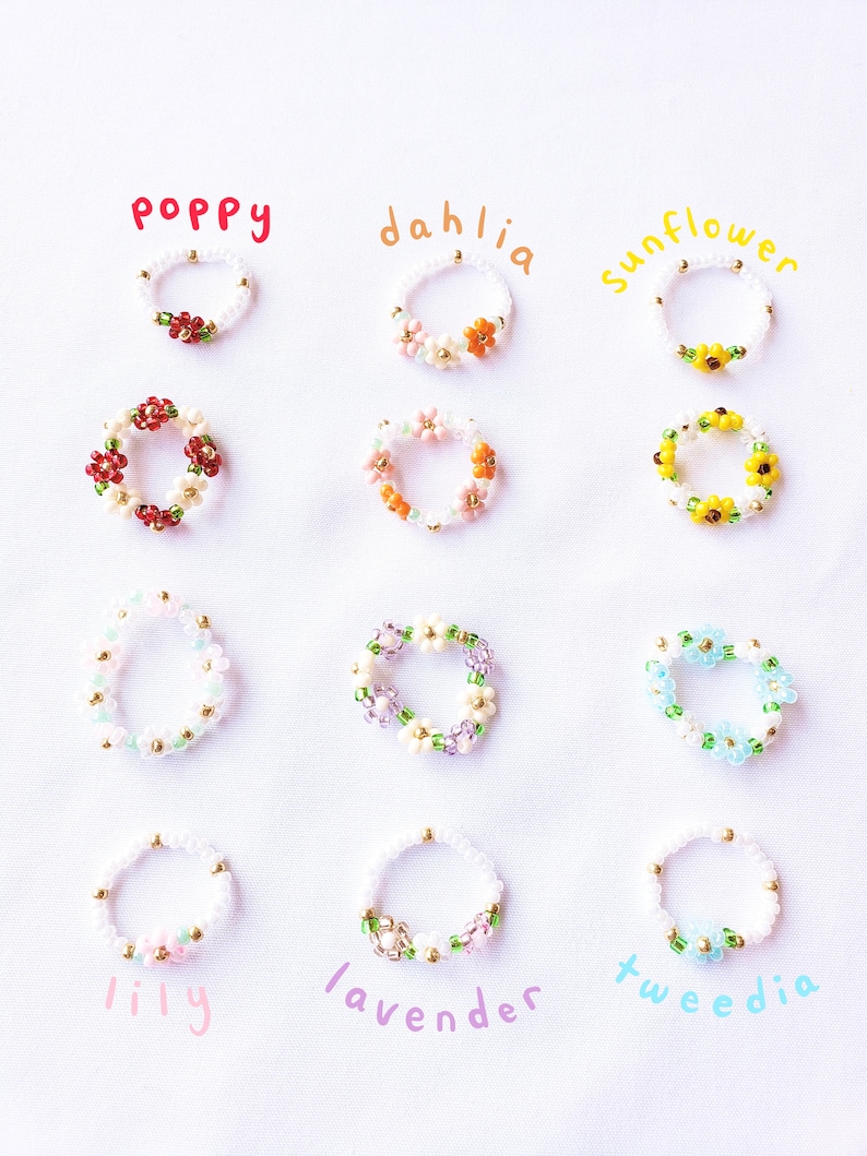 Colorful Pastel Flower Bead Rings / Cute Flower Beaded Rings / - Etsy