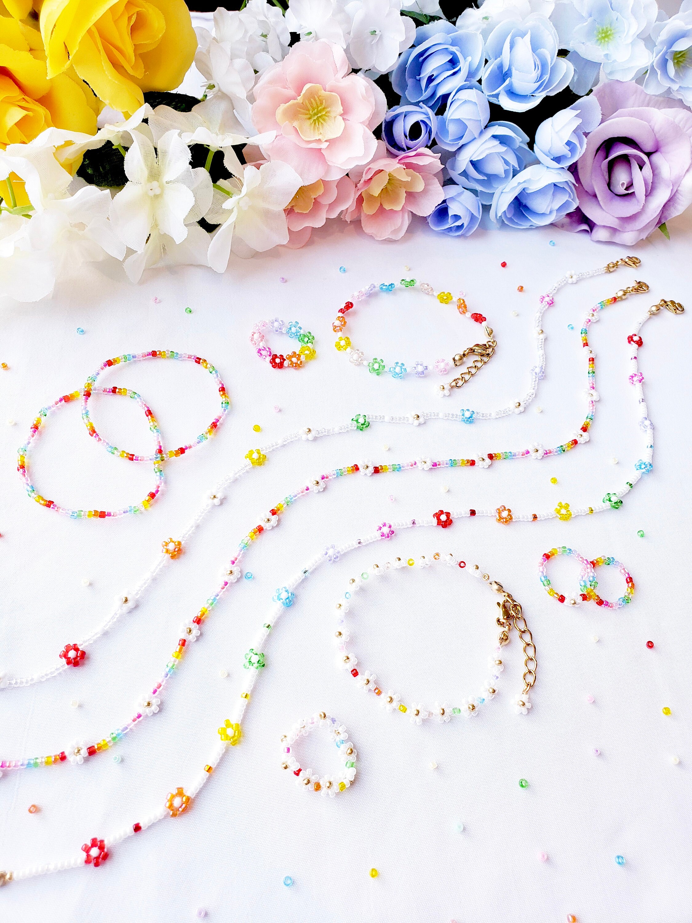 Colorful Rainbow Flower Bead Rings / Cute Flower Beaded Rings / Dainty ...