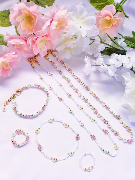 Cute Beaded Rings Beaded Flower Necklace Flower Bead Jewelry Cute Beaded Necklace Flower Cute Beaded Bracelet Flower Bead Ring Etsy