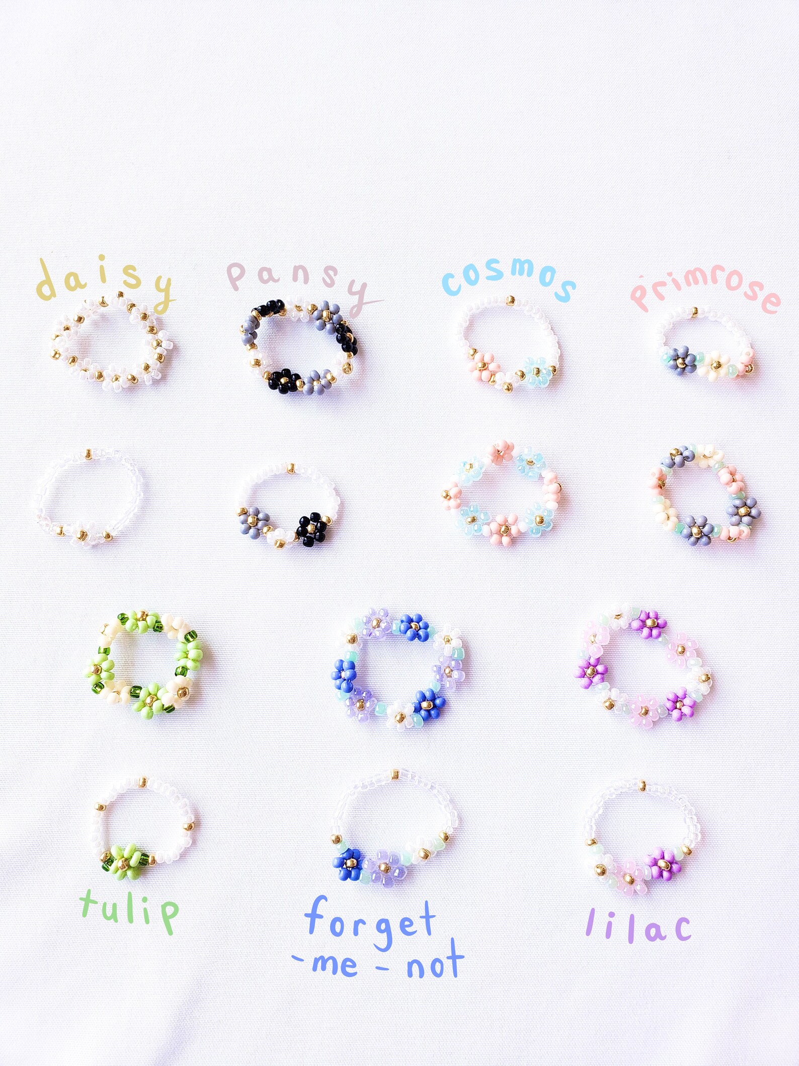 Colorful Pastel Flower Bead Rings / Cute Flower Beaded Rings / | Etsy