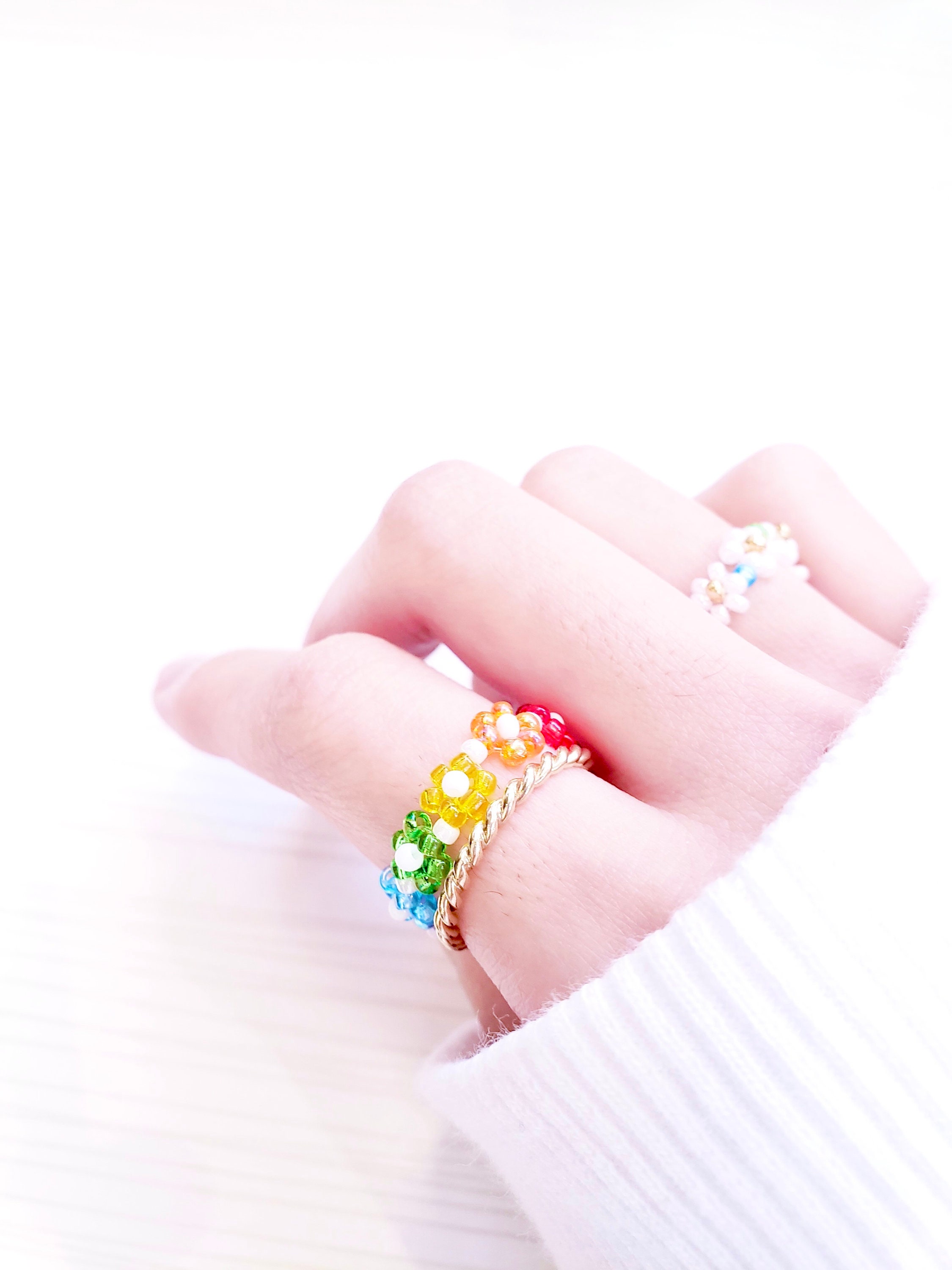 Colorful Rainbow Flower Bead Rings / Cute Flower Beaded Rings / Dainty ...