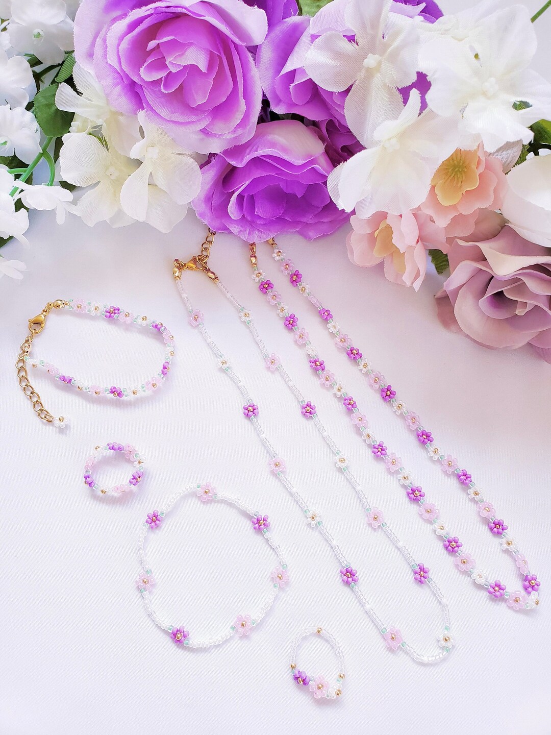 Cute Beaded Rings / Beaded Flower Necklace / Flower Bead Jewelry / Cute ...
