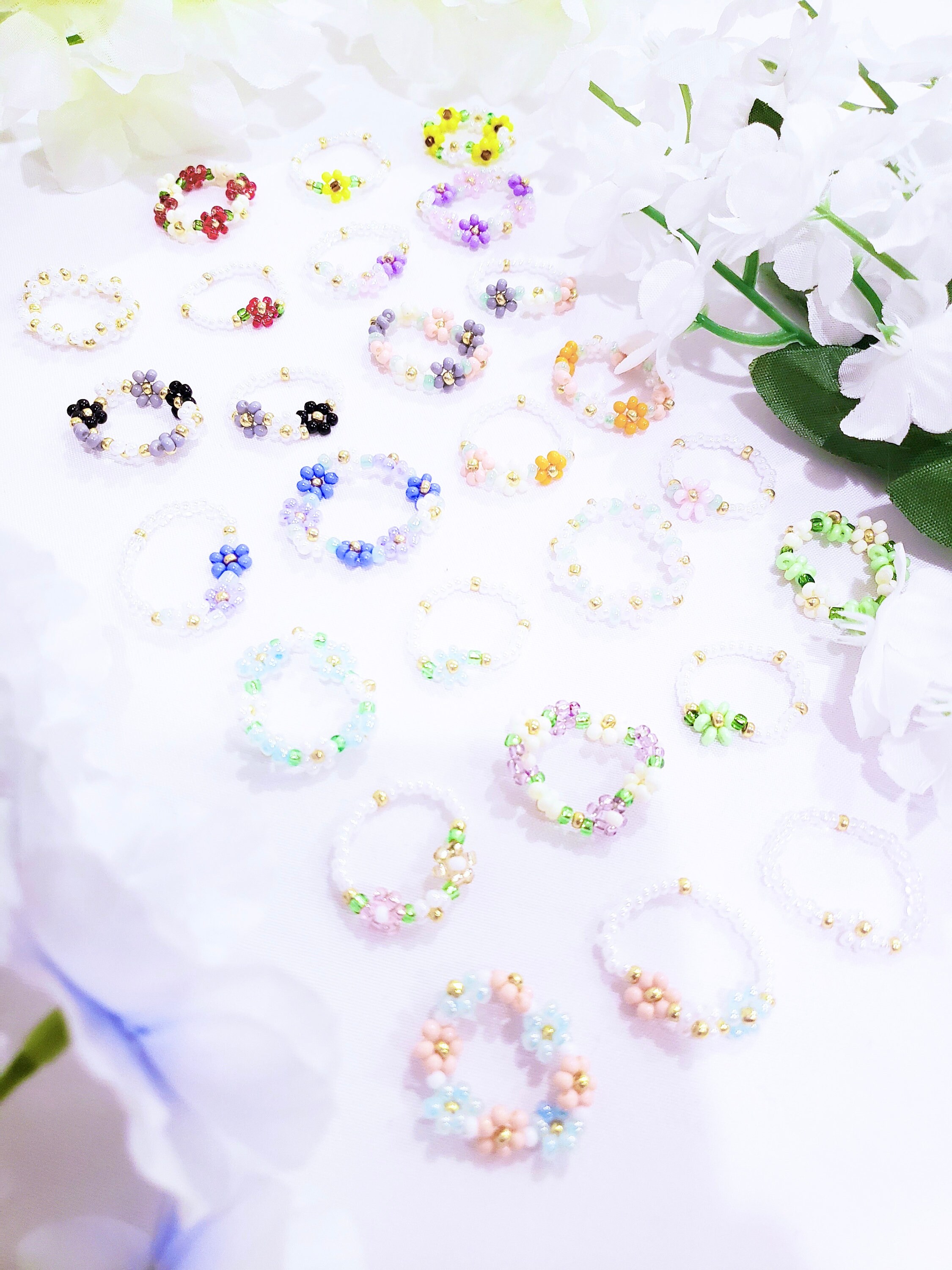 Colorful Pastel Flower Bead Rings / Cute Flower Beaded Rings / | Etsy