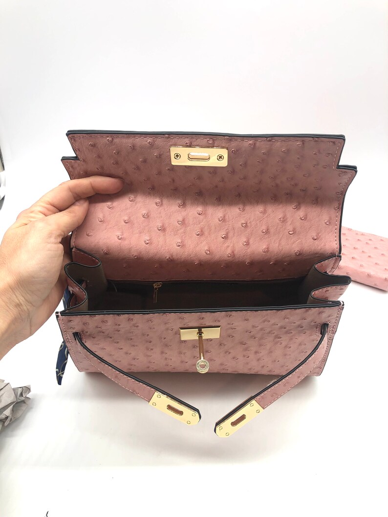 Pink Purse, Ostrich Embossed Padlock Satchel Set Pink Purses, New ...