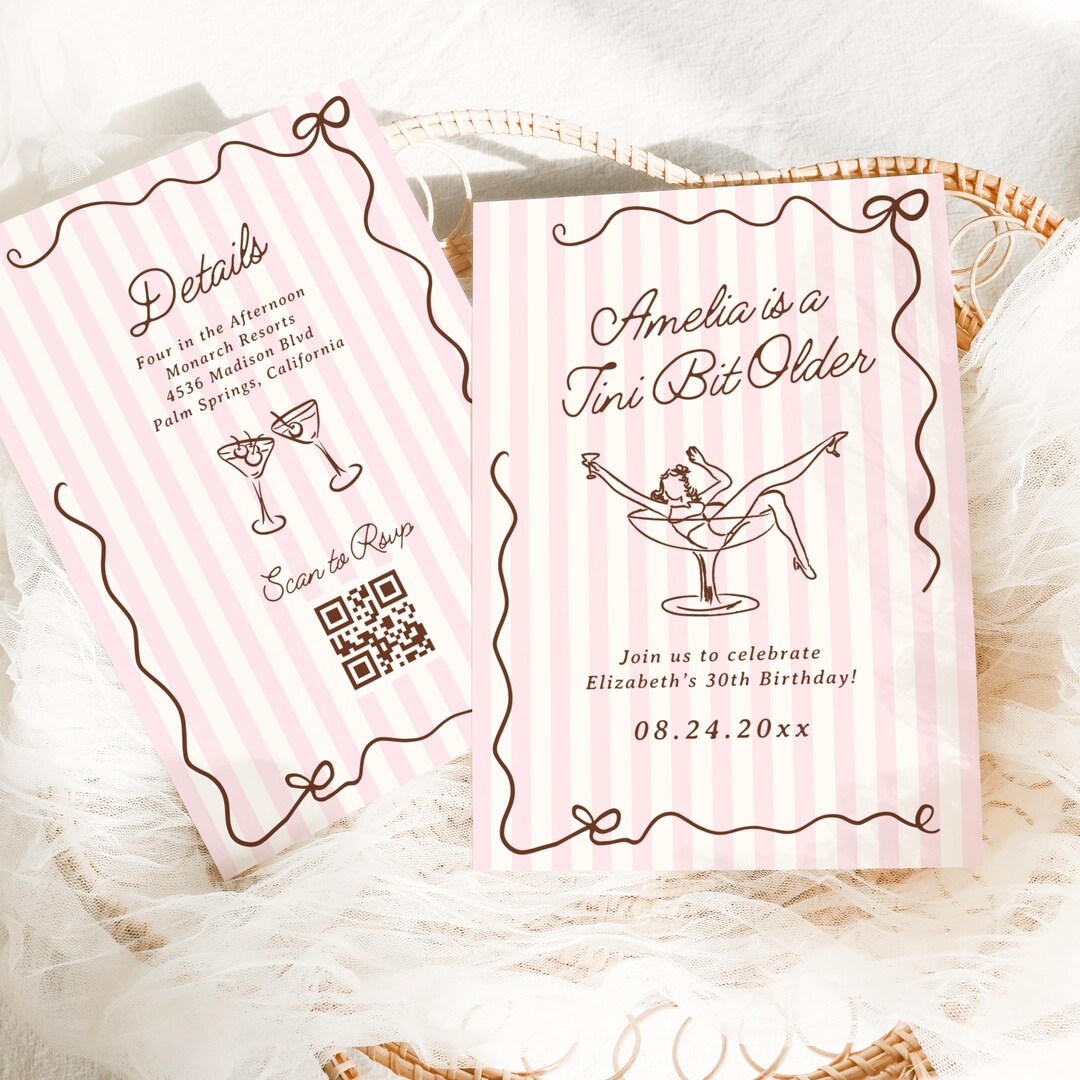 Martini Birthday Party Invitation: Pink & Brown, QR Code (PDF Download ...