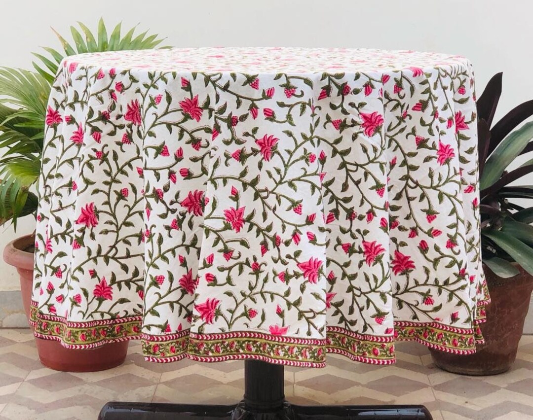 Buy Green Pink Floral Round Tablecloth With Border Flower Design ...