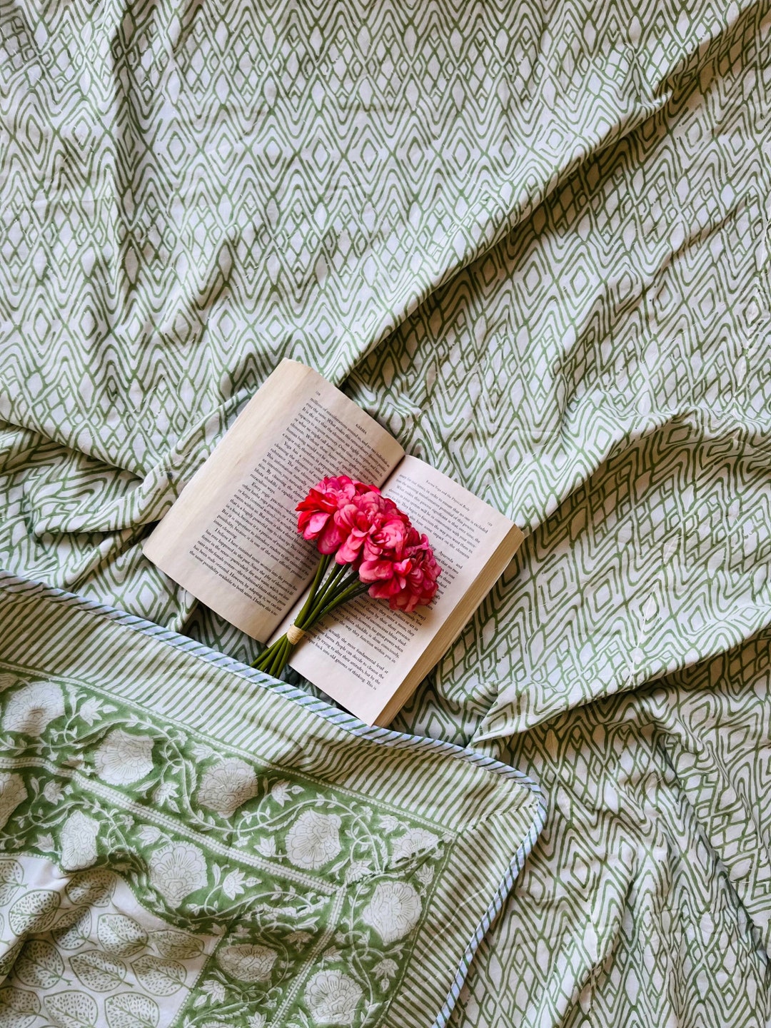 Green Indian Dohar: Reversible Cotton Block Print Comforter - Etsy