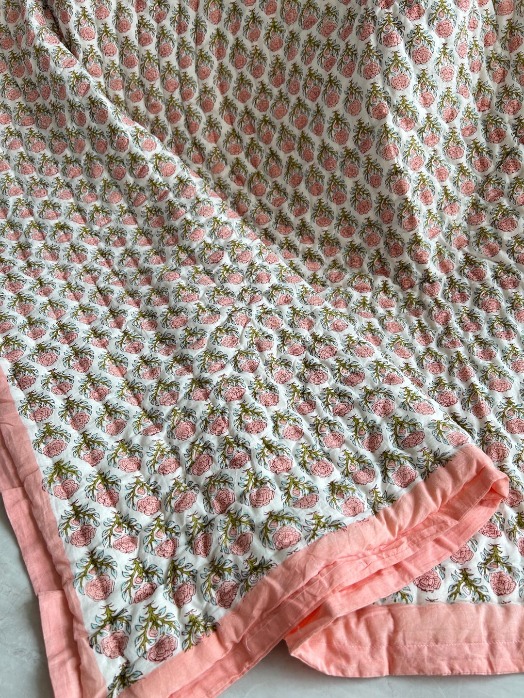 Peach Ivory Block Print Quilt, Reversible Floral Quilt, Queen Size ...