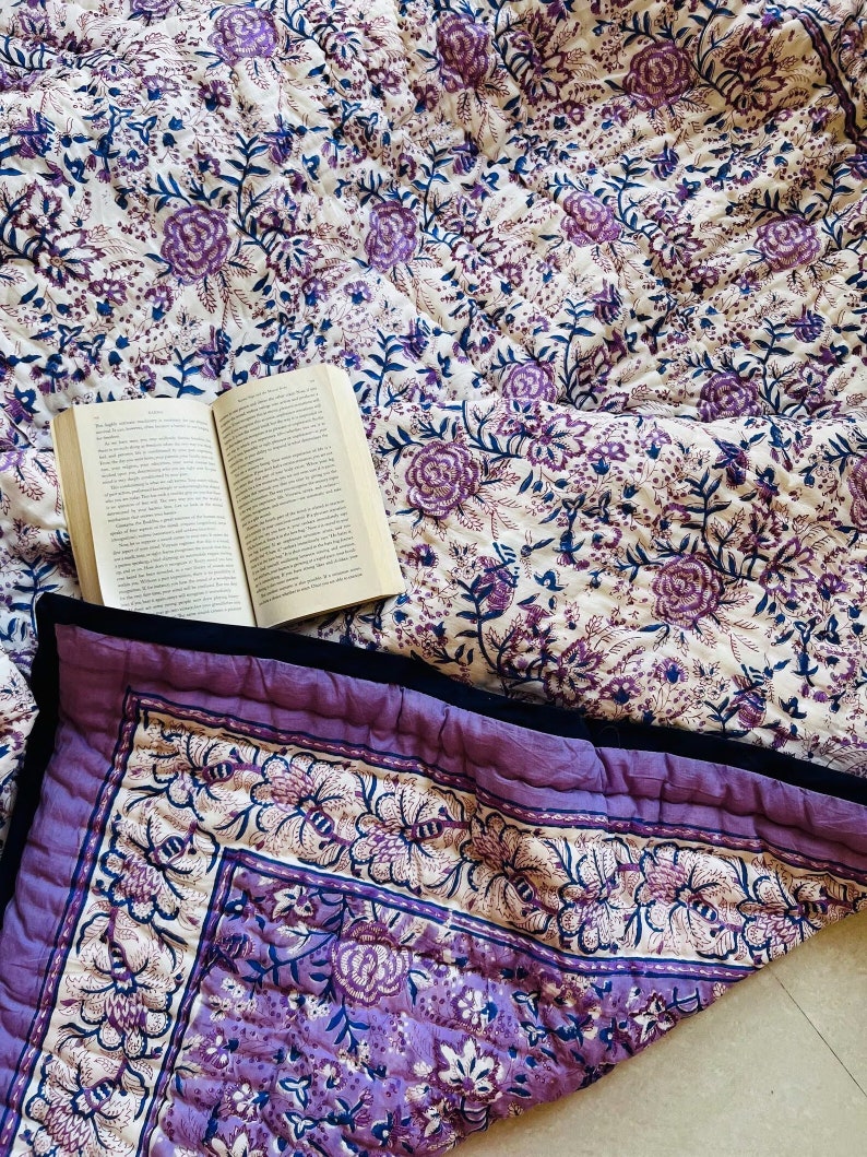 Purple Floral Block Print Cotton Quilt - Handmade Kantha Throw - Etsy