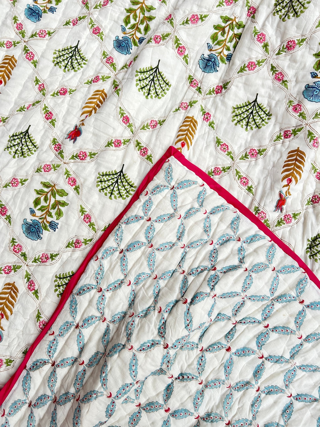 Blue Floral Hand Block Print Quilt: Indian Cotton Summer Blanket - Etsy