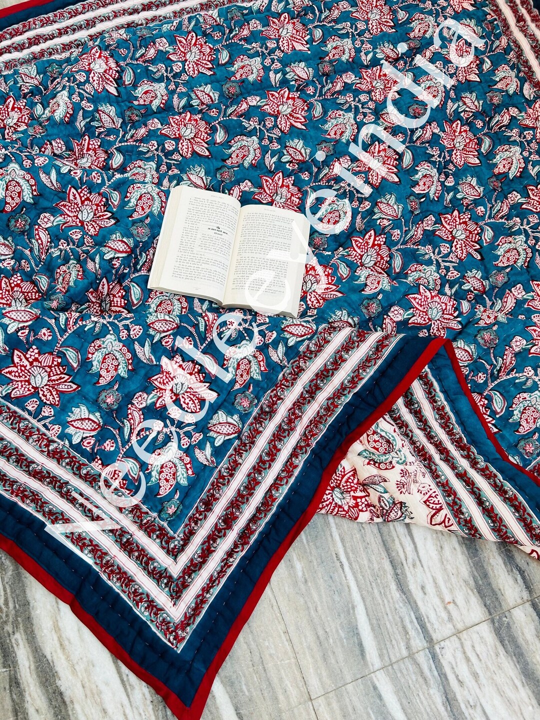 Summer Quilt, Reversible Jaipur Rajai, Block Printed Quilt, Floral AC ...