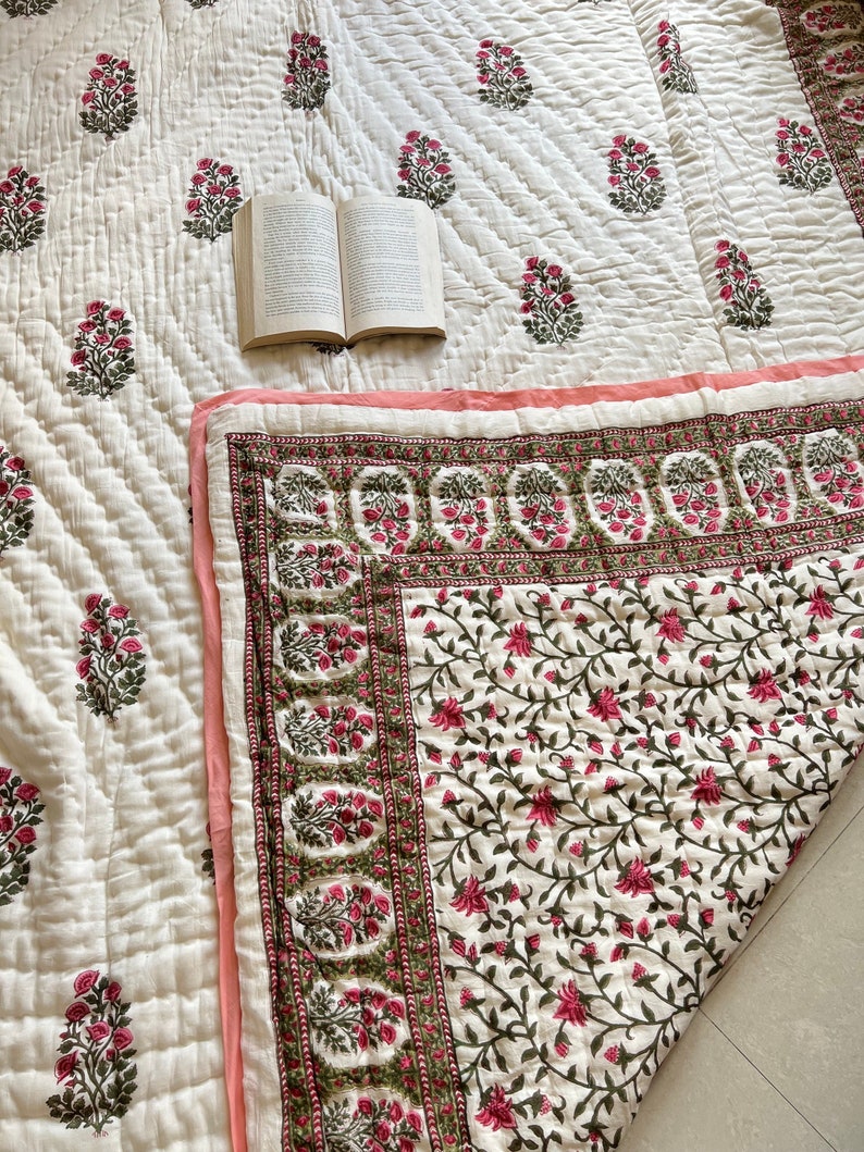 Handblock Print Handmade Queen Floral Cotton Quilted Quilt - Etsy