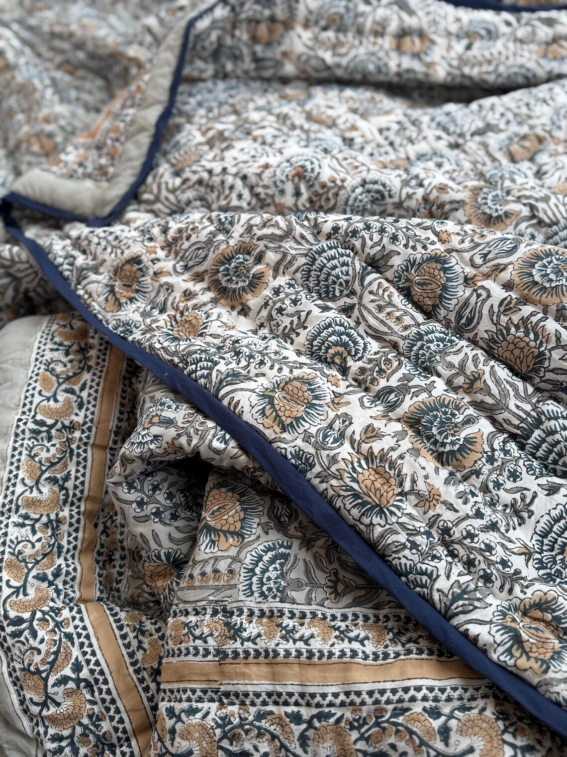 Queen Size Bohemian Cotton Quilt: Anokhi Block Print Bedspread - Etsy