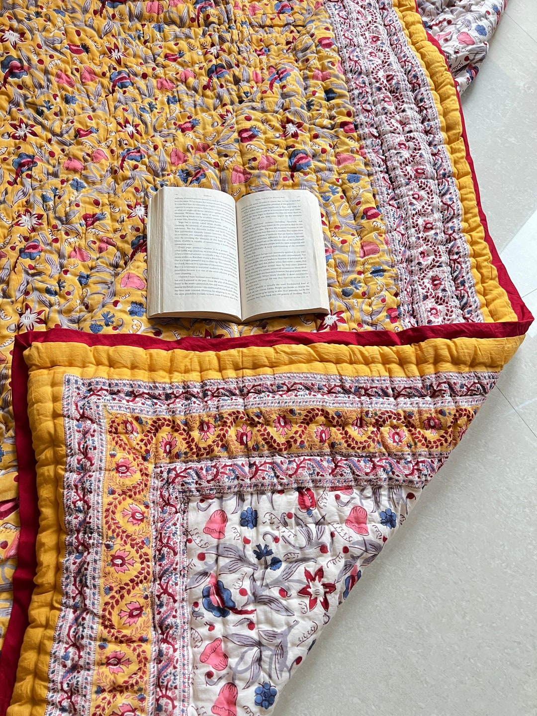 Handblock Print Handmade Queen Floral Cotton Quilted Quilt - Etsy