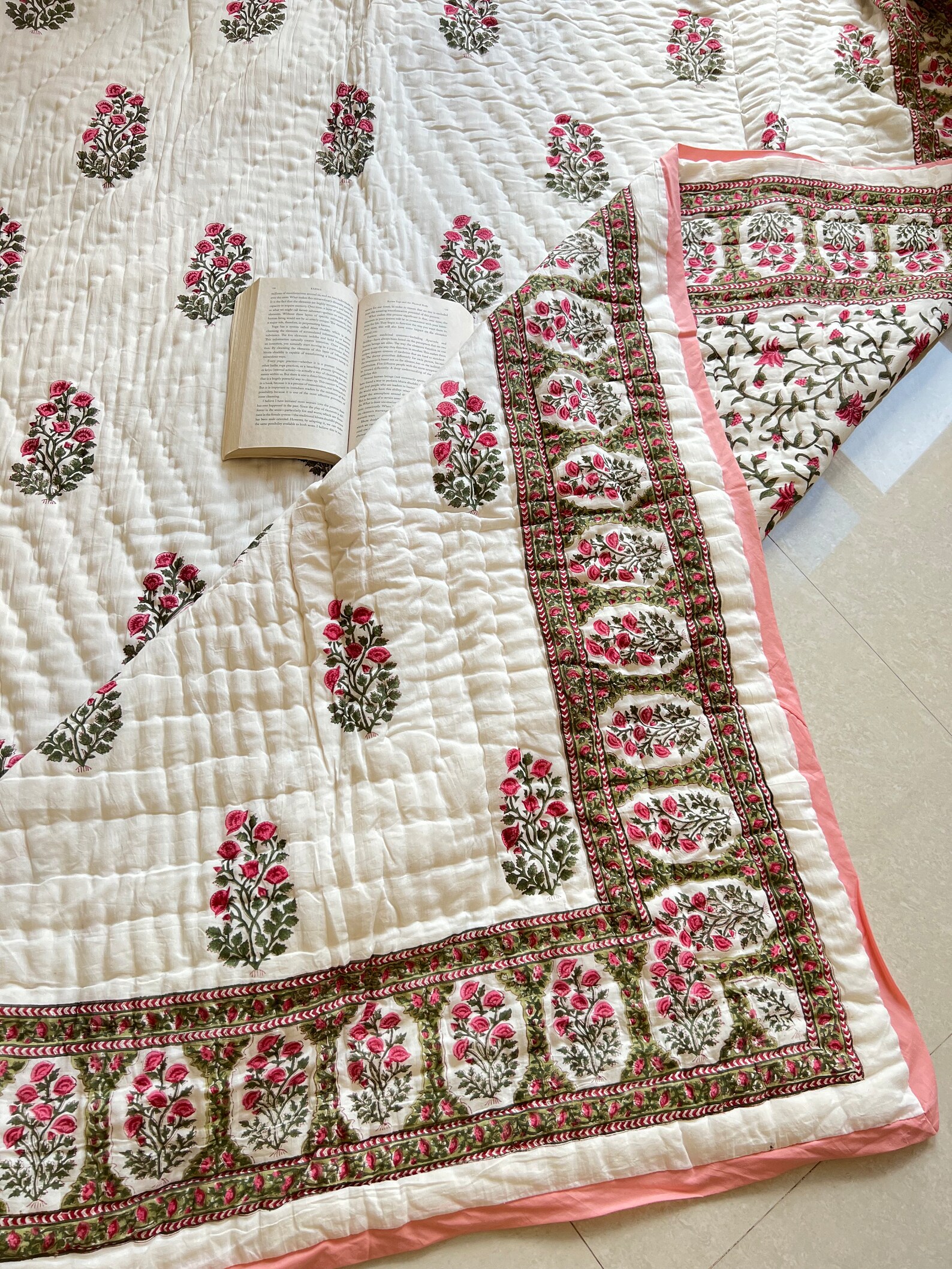 Handblock Print Handmade Queen Floral Cotton Quilted Quilt Cotton ...