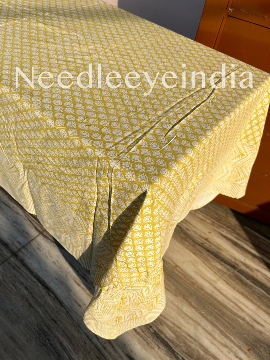 Goldenrod Yellow Floral Indian Hand Block Printed Tablecloth, Table ...
