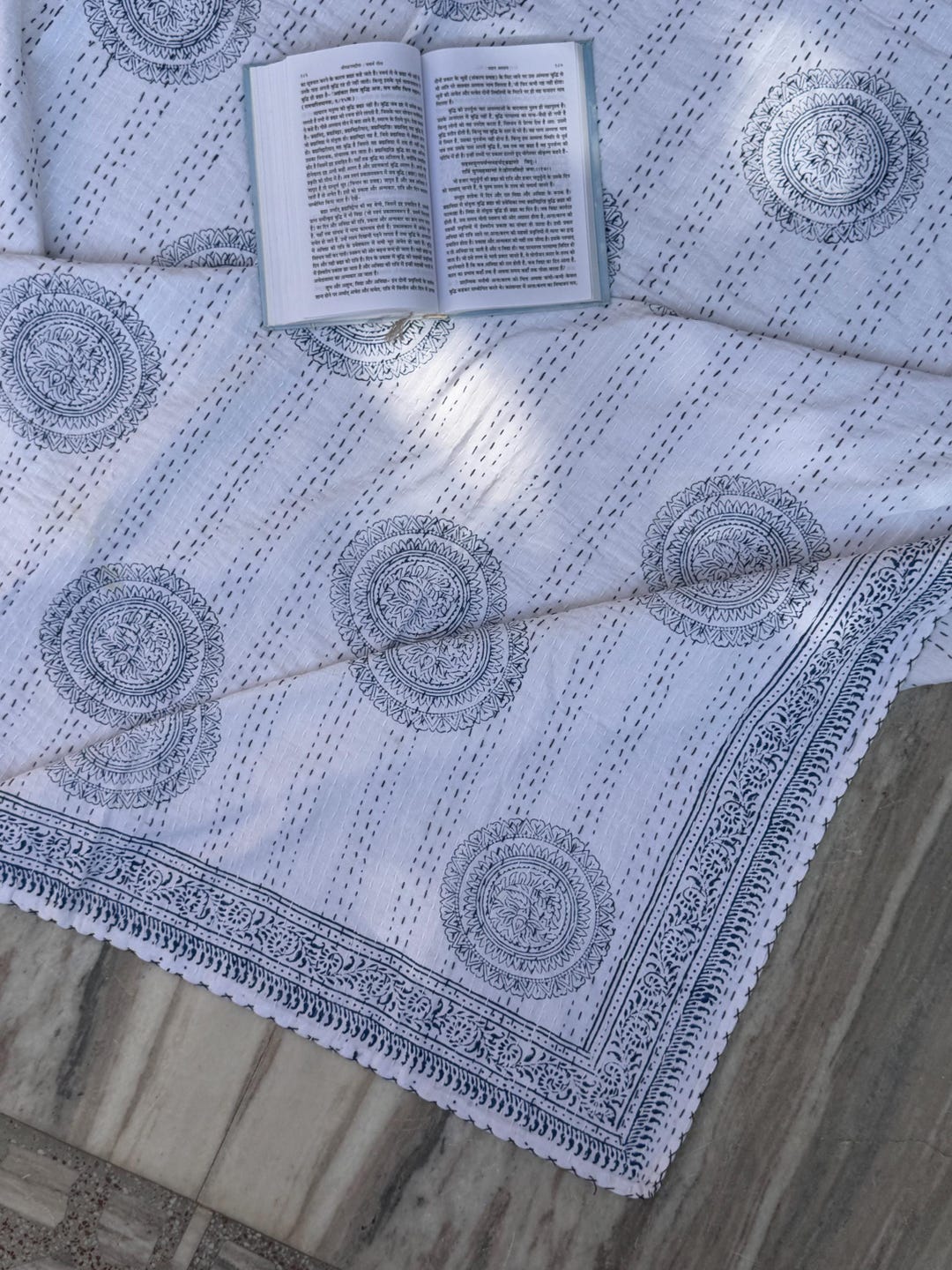 Blue Block Print Coverlet, Blue Block Printed Kantha Throw Blanket 100% ...