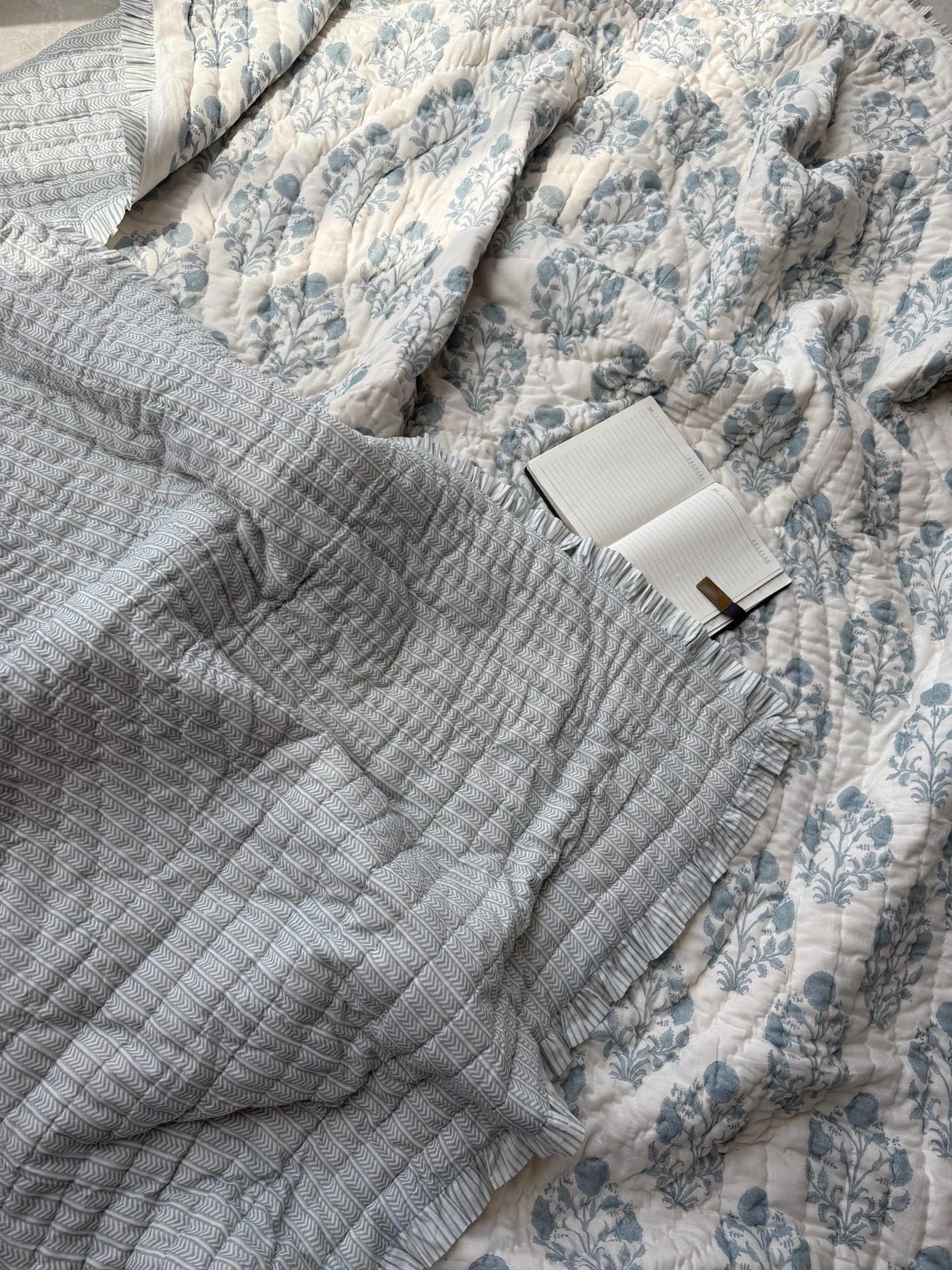 Blue Toile Quilt: Handmade Block Print Cotton Throw, Reversible Bedding ...