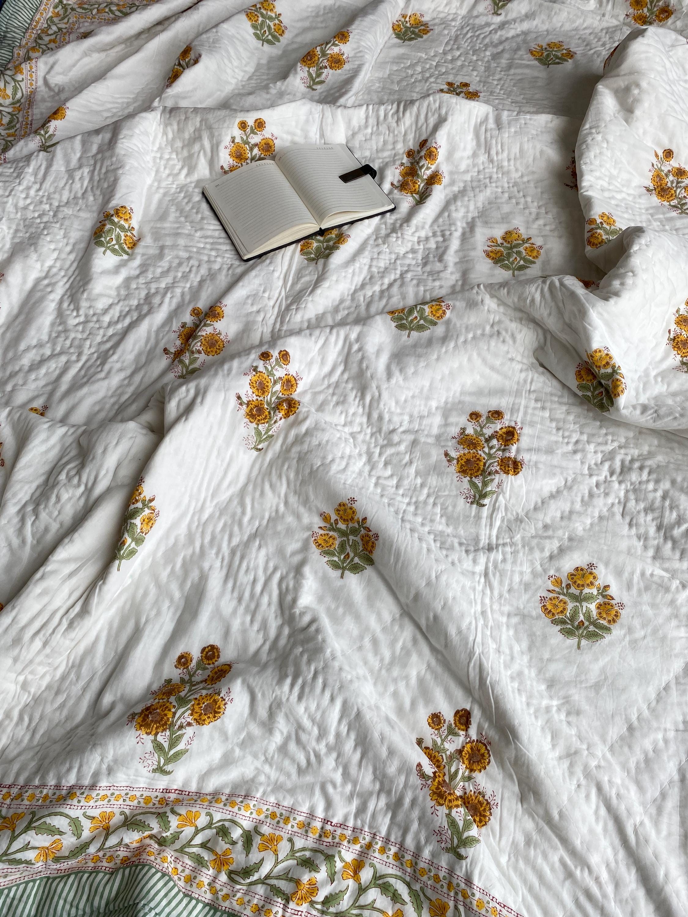 Anokhi Block Print Cotton Quilt, Reversible Handmade Razai, Floral Boho ...
