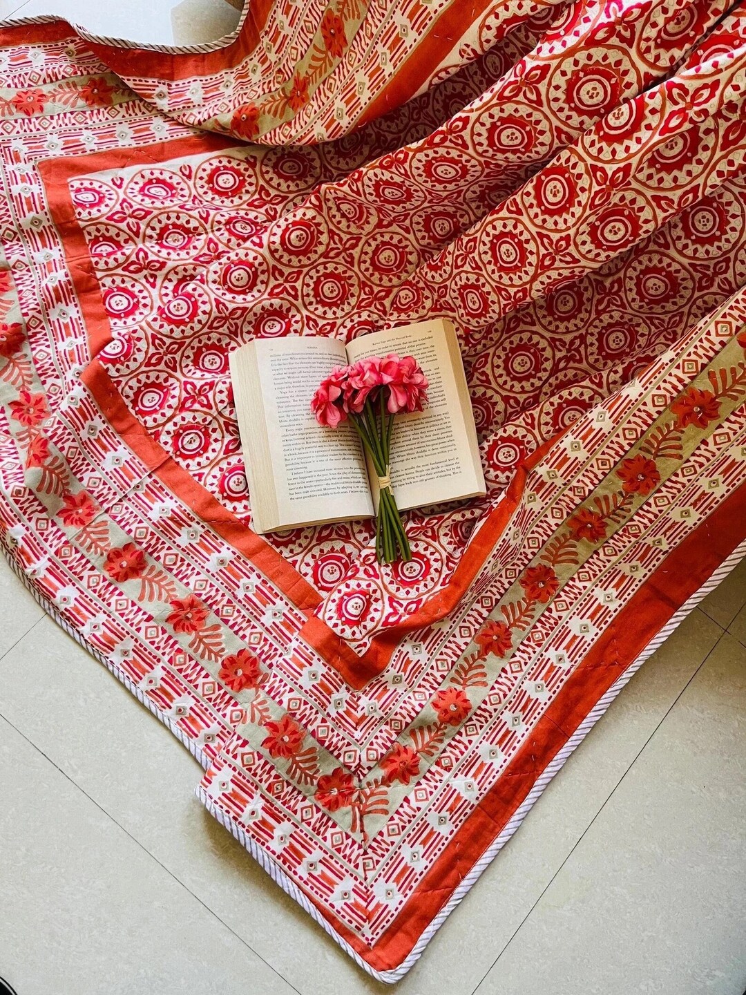 Indian Floral Dohar Quilt, Handmade Block Print Coverlet, 100% Cotton ...