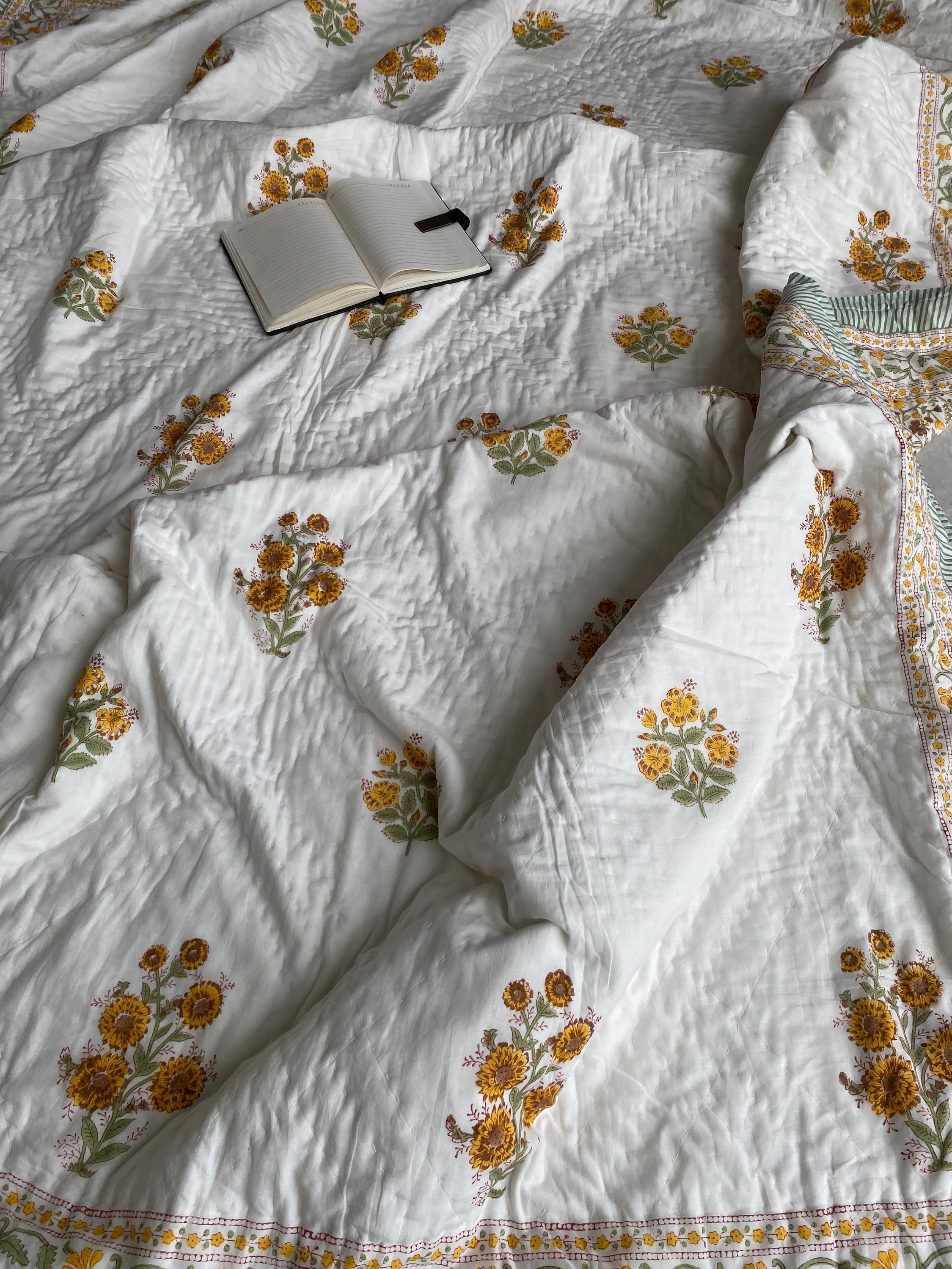 Anokhi Block Print Cotton Quilt, Reversible Handmade Razai, Floral Boho ...