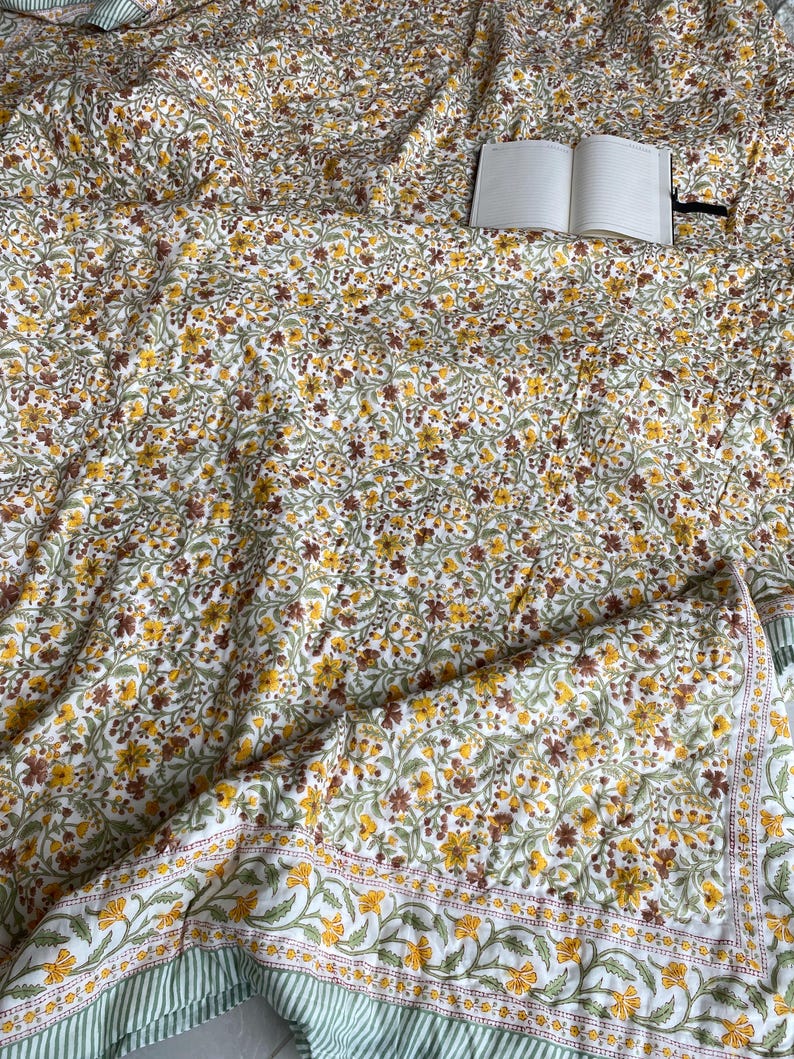 Anokhi Block Print Cotton Quilt, Reversible Handmade Razai, Floral Boho ...