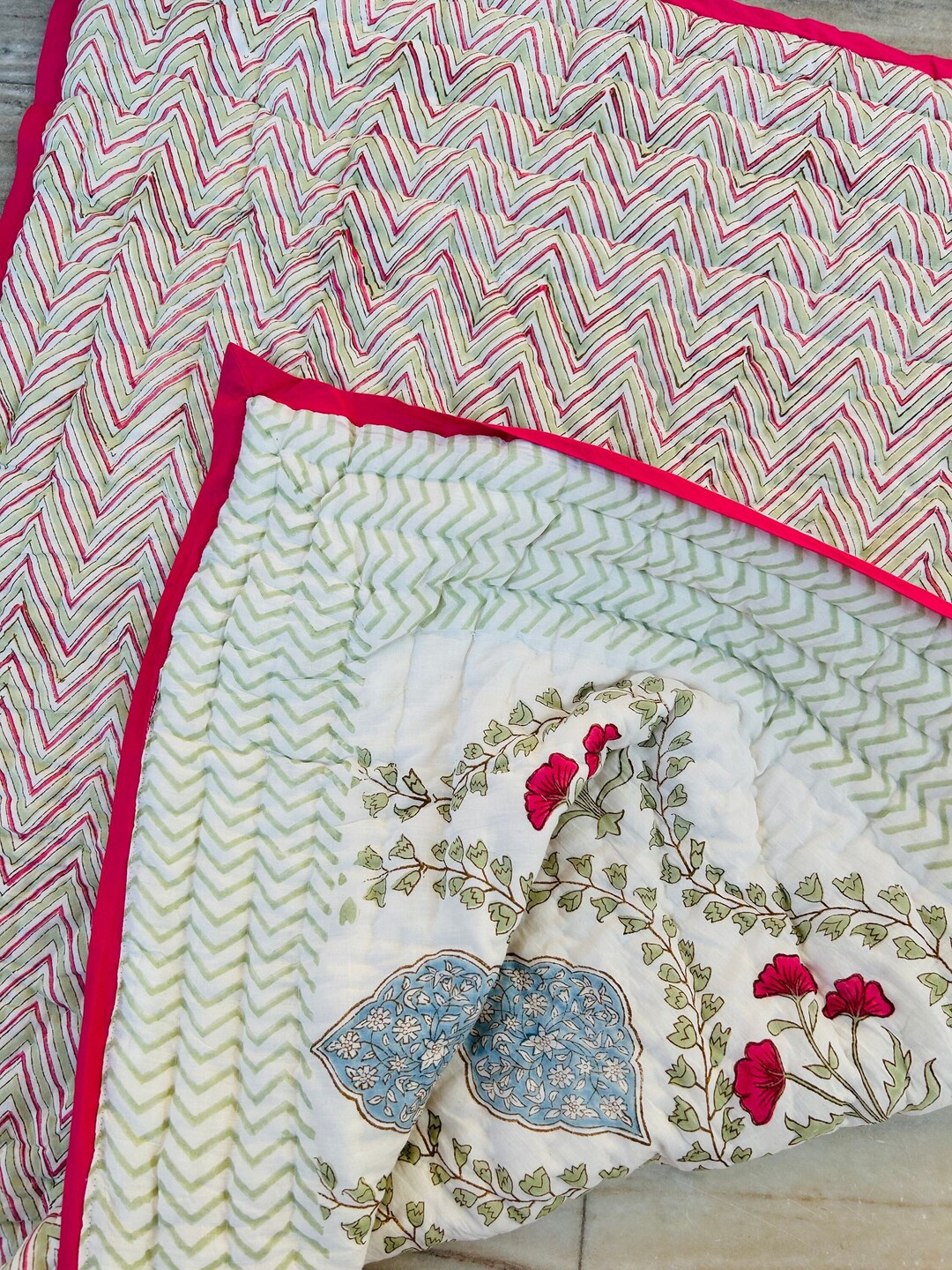 Indian Jaipuri Block Print Baby Quilt, Printed Reversible Razai, Cotton ...